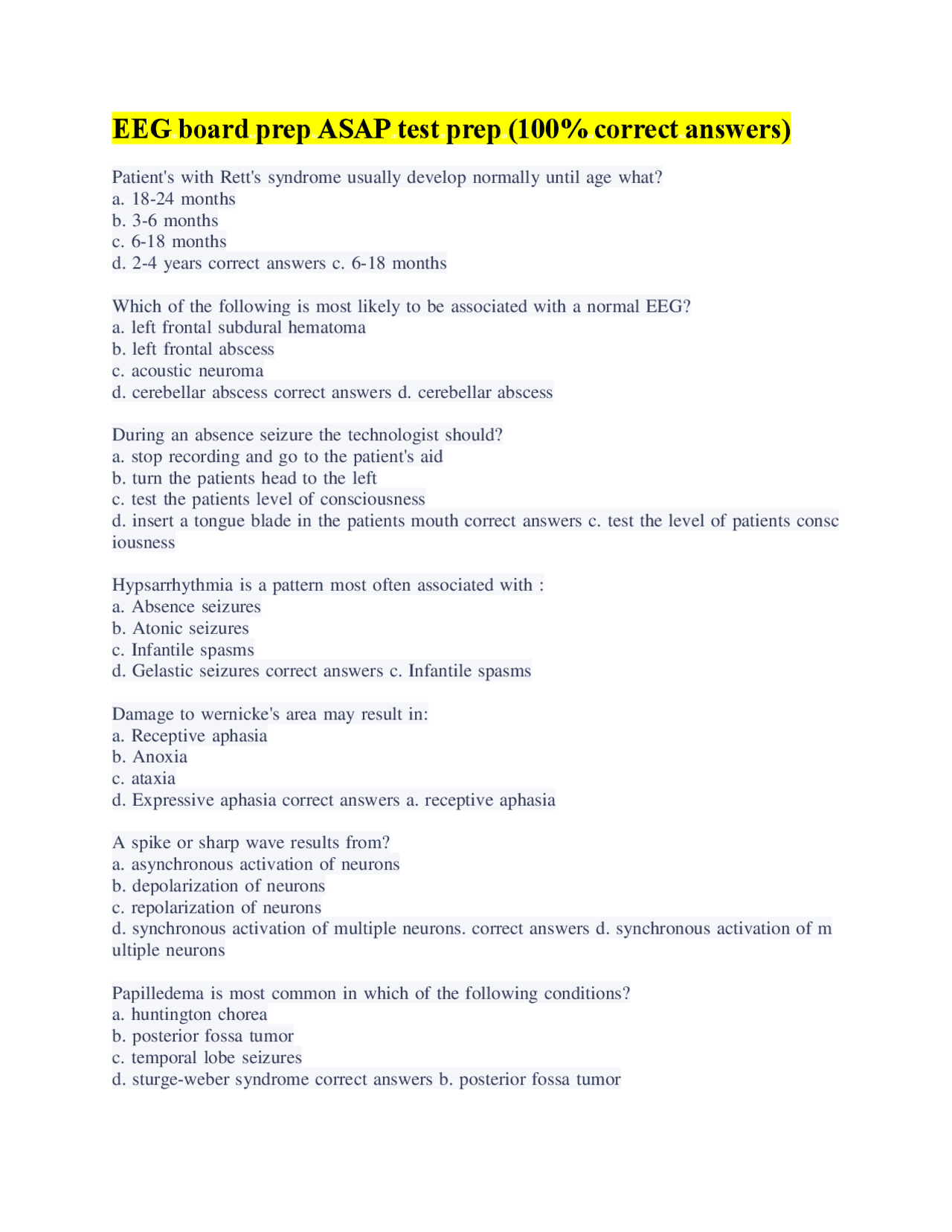 EEG BOARD EXAM 2 LATEST UPDATED VERSIONS (PRACTICE QUESTIONS, TESTBANK ...