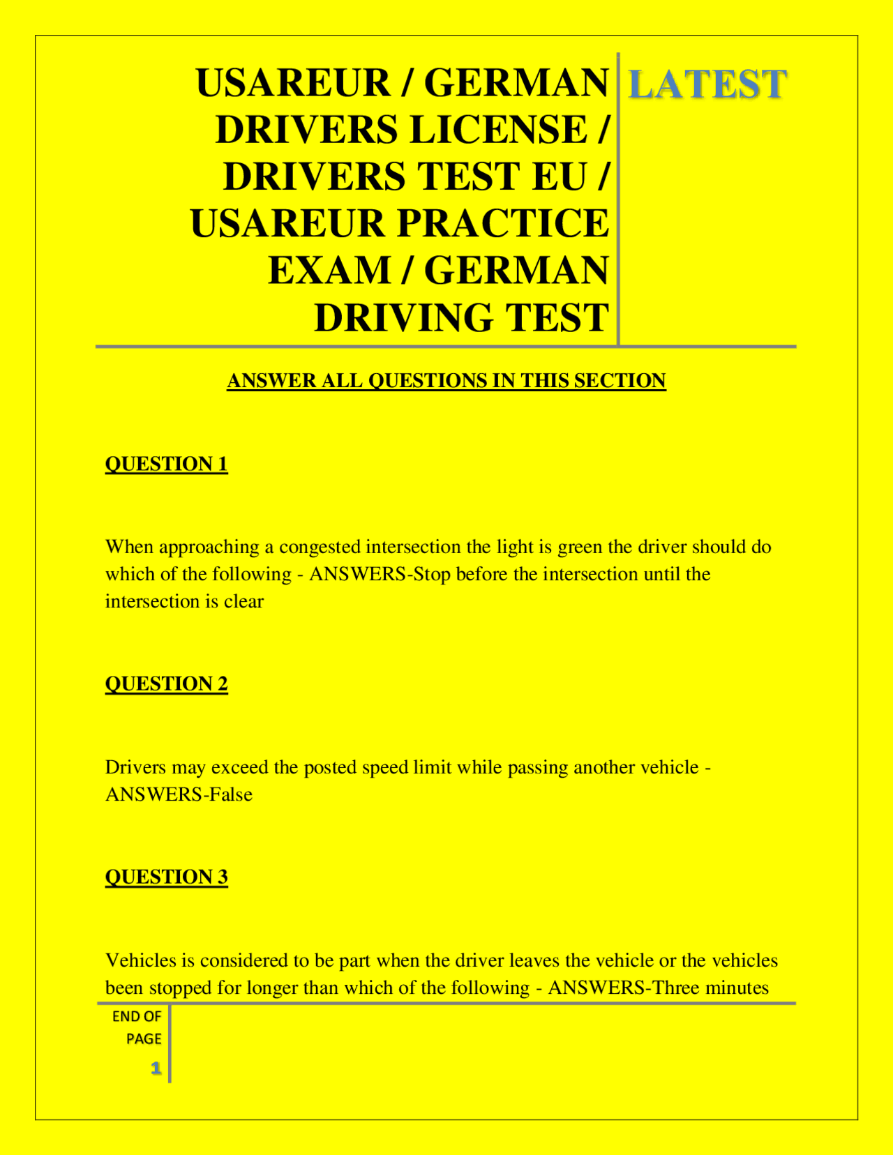 USAREUR / GERMAN DRIVERS LICENSE / DRIVERS TEST EU / USAREUR PRACTICE ...