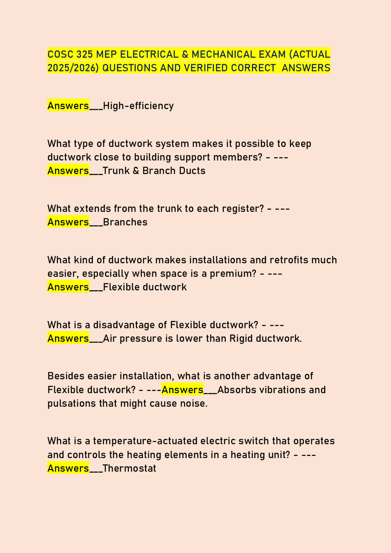 COSC 325 MEP ELECTRICAL & MECHANICAL EXAM (ACTUAL 2025/2026) QUESTIONS AND VERIFIED CORRE ...