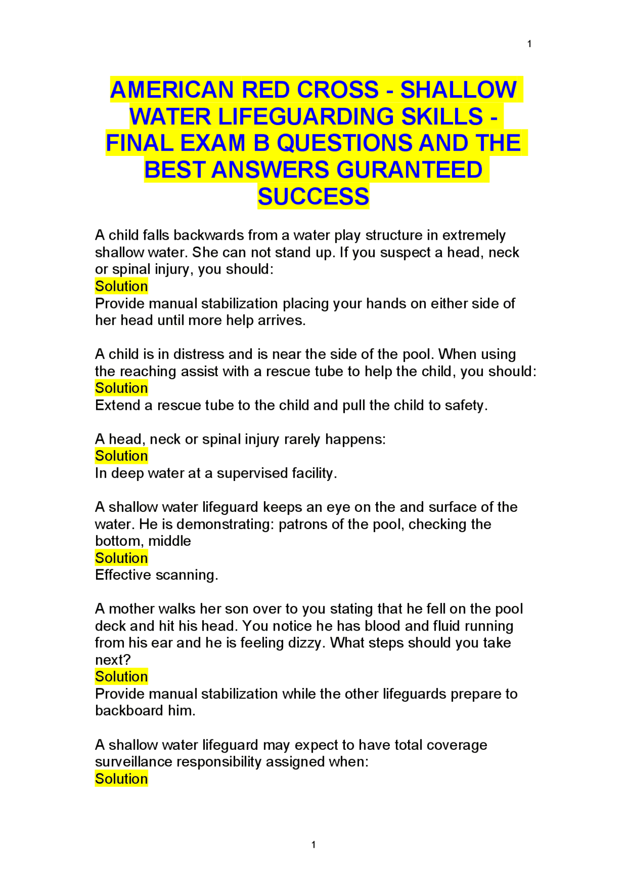 AMERICAN RED CROSS - SHALLOW WATER LIFEGUARDING SKILLS - FINAL EXAM B ...