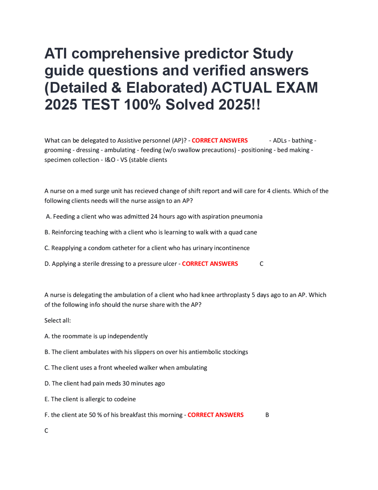 ATI comprehensive predictor Study guide questions and verified answers ...
