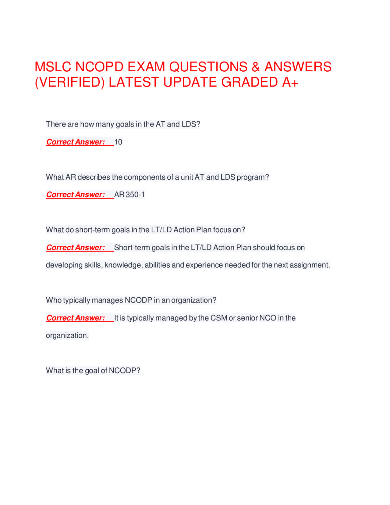 NCOPD Exam Q&A: Leadership Development Study Guide | Exams Security ...