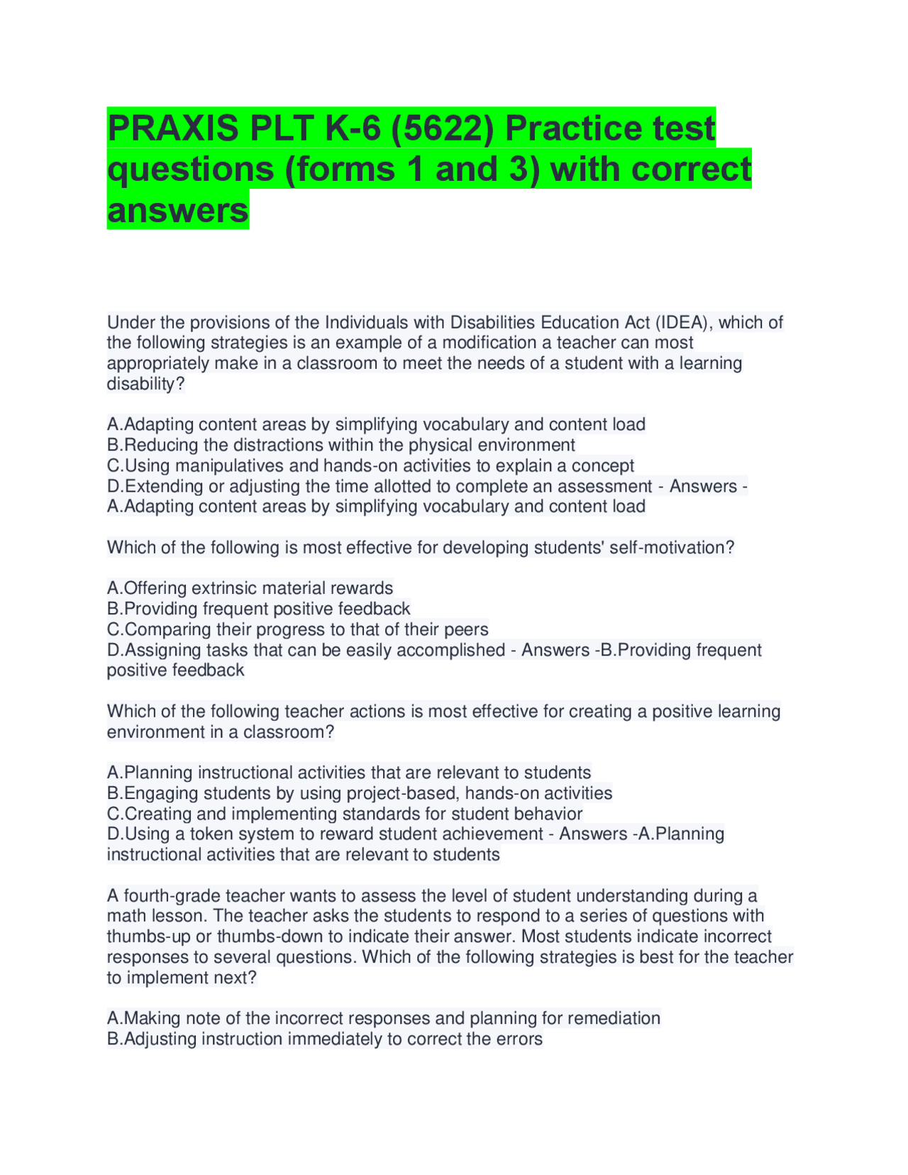 PRAXIS PLT K-6 Practice Test Questions and Answers | Exams Advanced ...