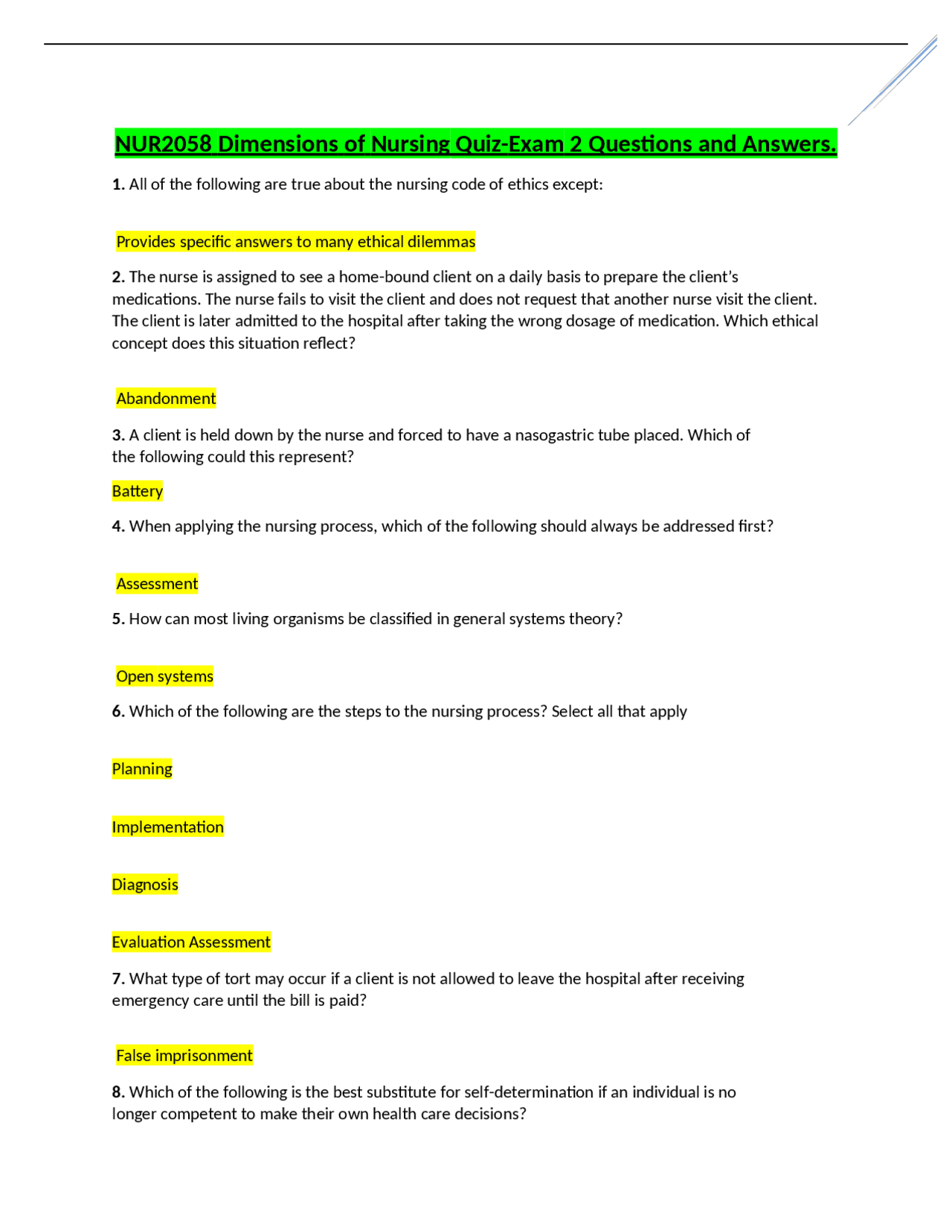 NUR2058 Dimensions of Nursing Quiz-Exam 2 Questions and Answers ...