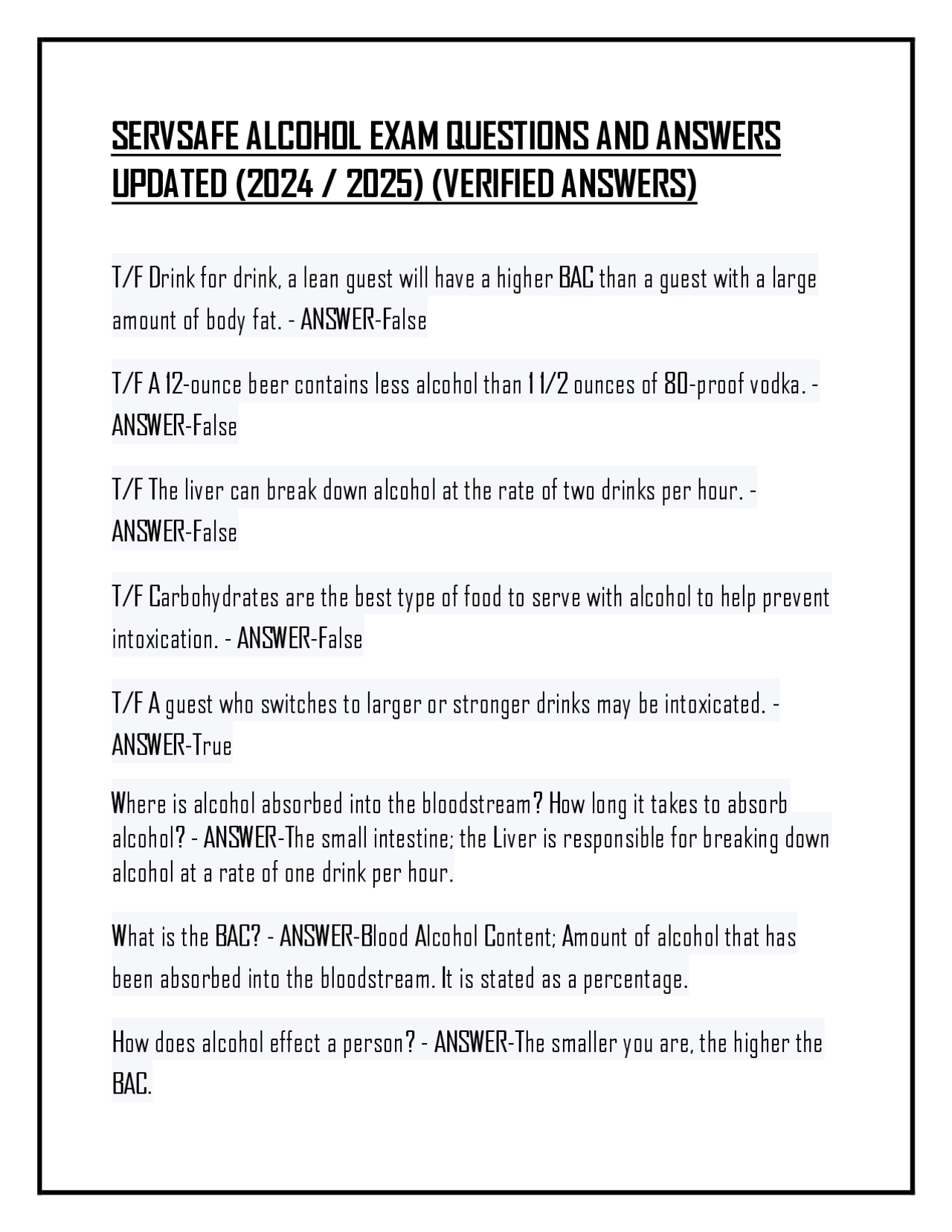 SERVSAFE ALCOHOL EXAM QUESTIONS AND ANSWERS UPDATED (2024 / 2025 ...