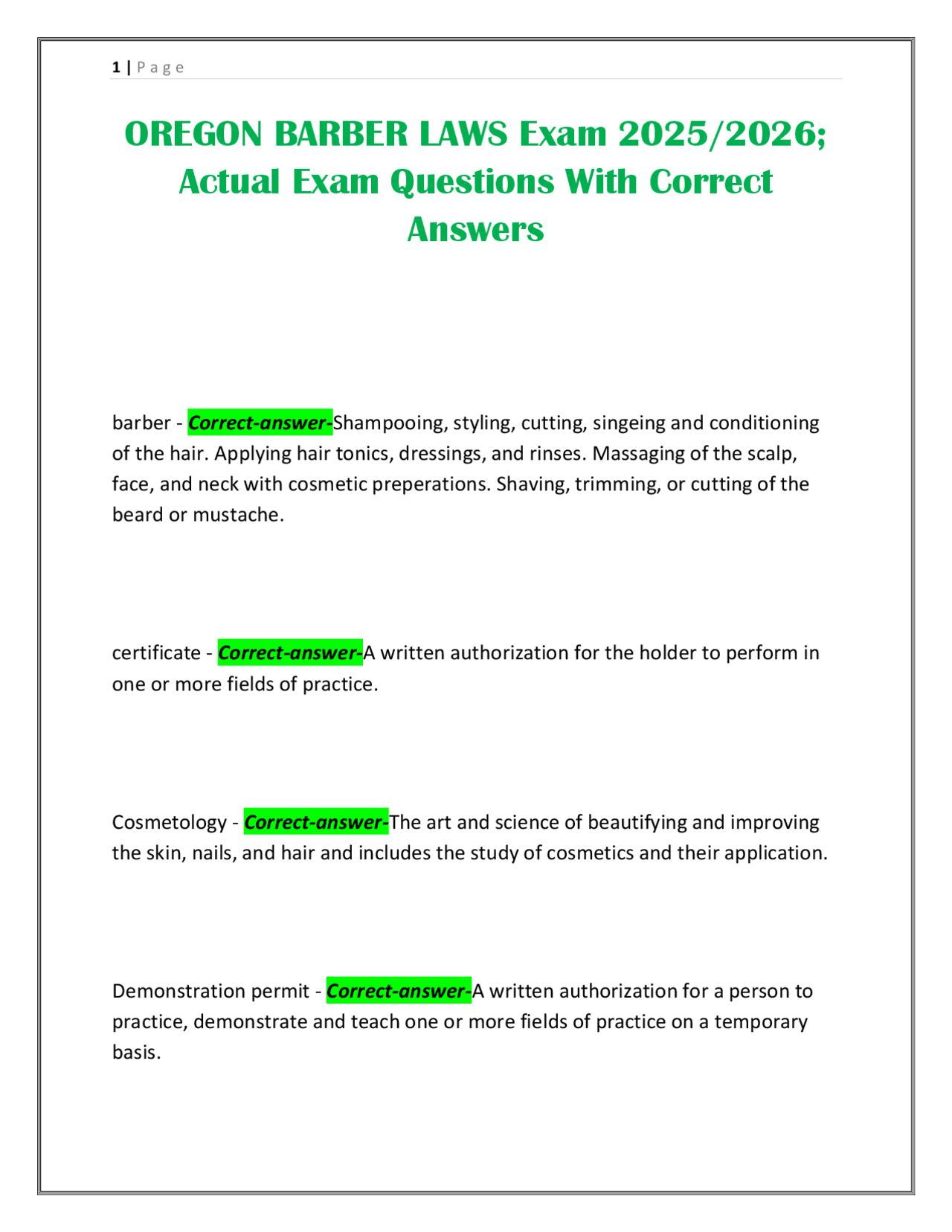 OREGON BARBER LAWS Exam 2025/2026; Actual Exam Questions With Correct ...