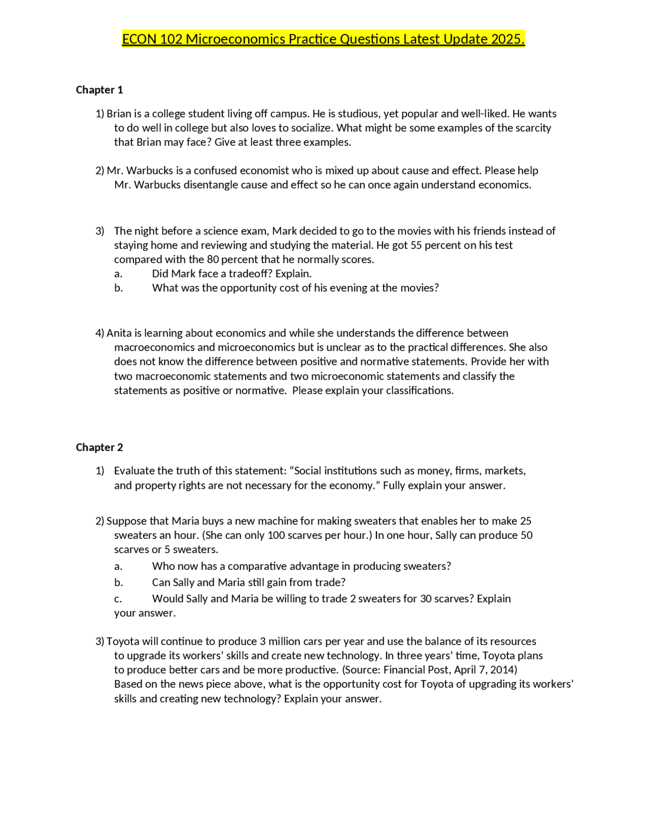 ECON 102 Microeconomics Practice Questions Latest Update 2025. | Exams ...