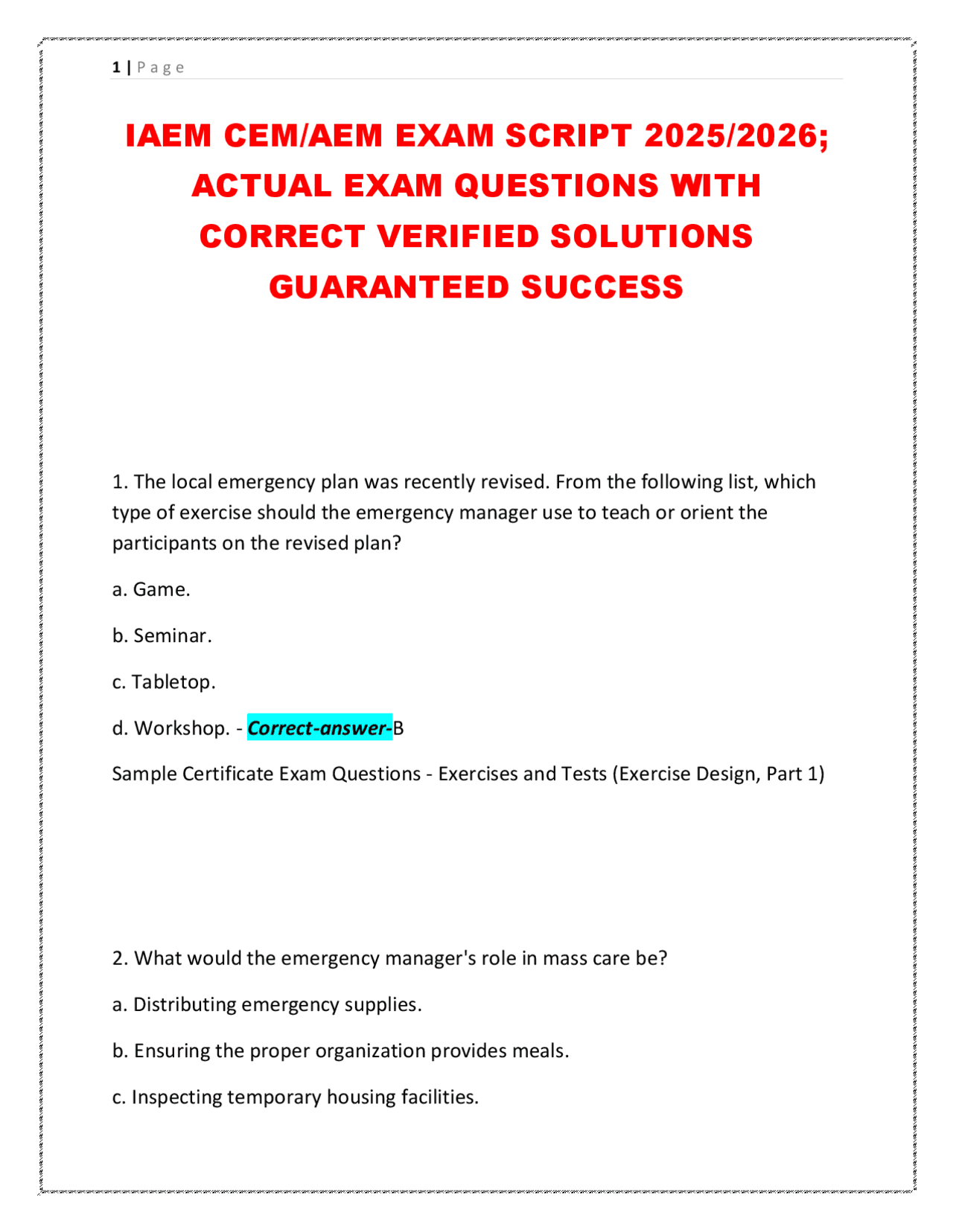 IAEM CEM/AEM EXAM SCRIPT 2025/2026; ACTUAL EXAM QUESTIONS WITH CORRECT VERIFIED SOLUTIONS ...