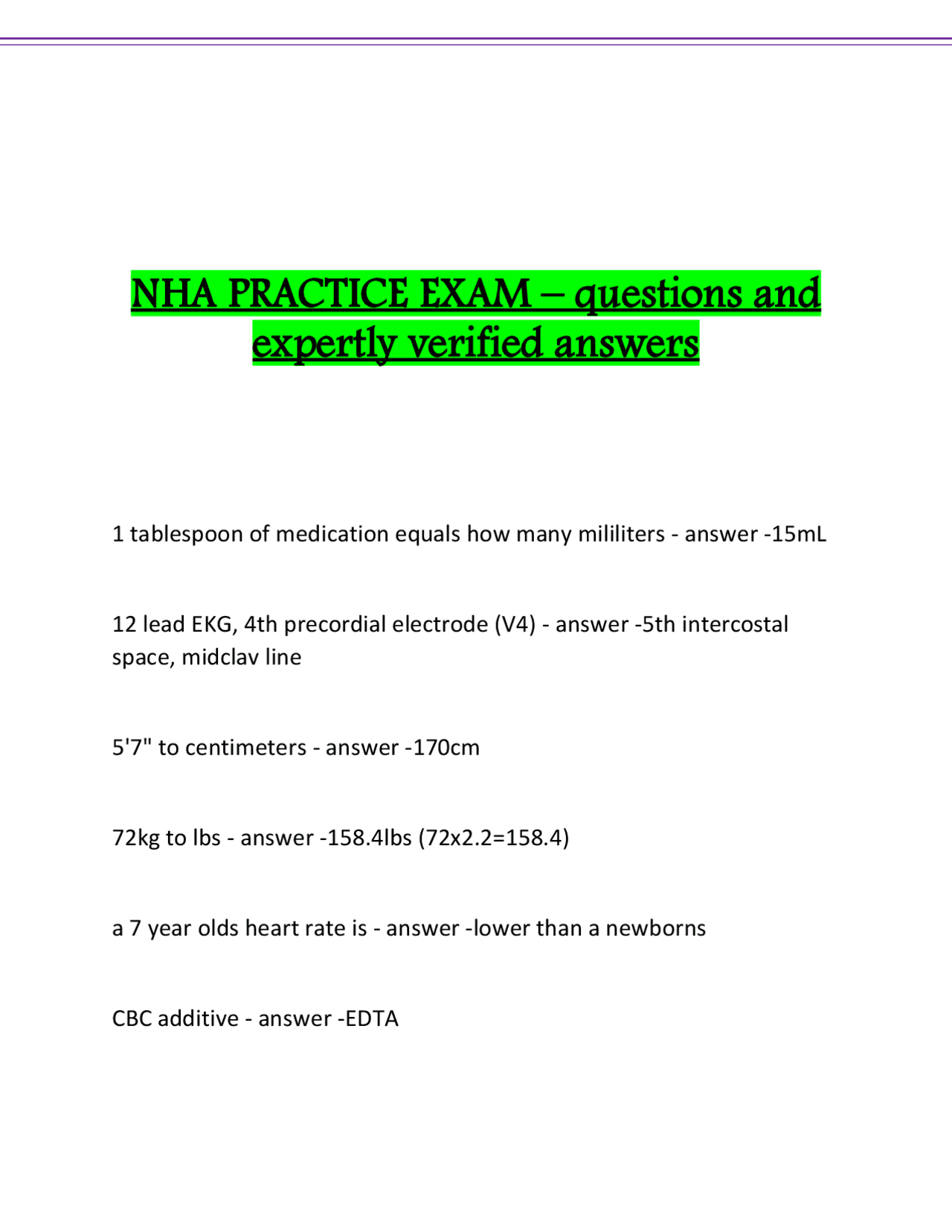 NHA PRACTICE EXAM – questions and expertly verified answers.pdf | Exams ...