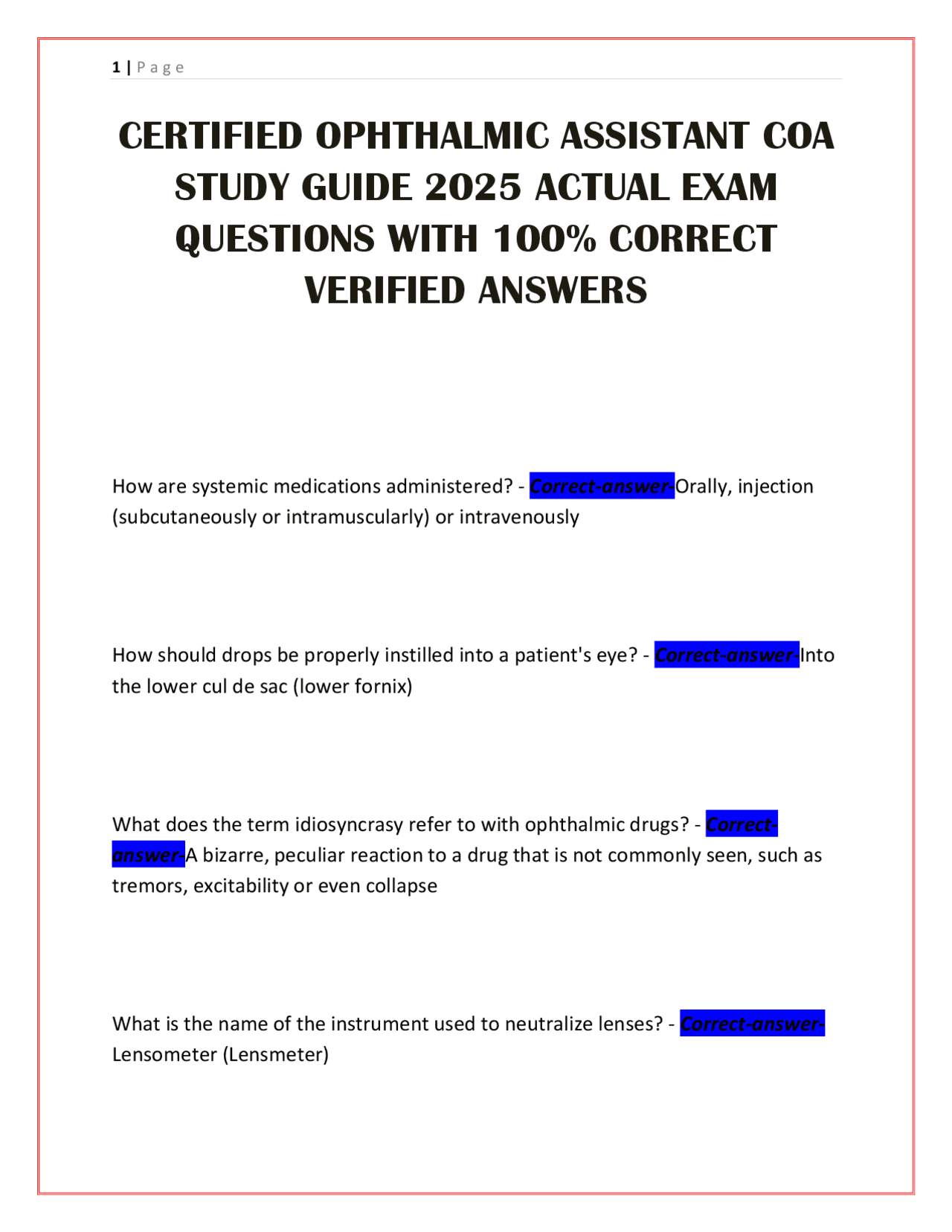 CERTIFIED OPHTHALMIC ASSISTANT COA STUDY GUIDE 2025 ACTUAL EXAM ...