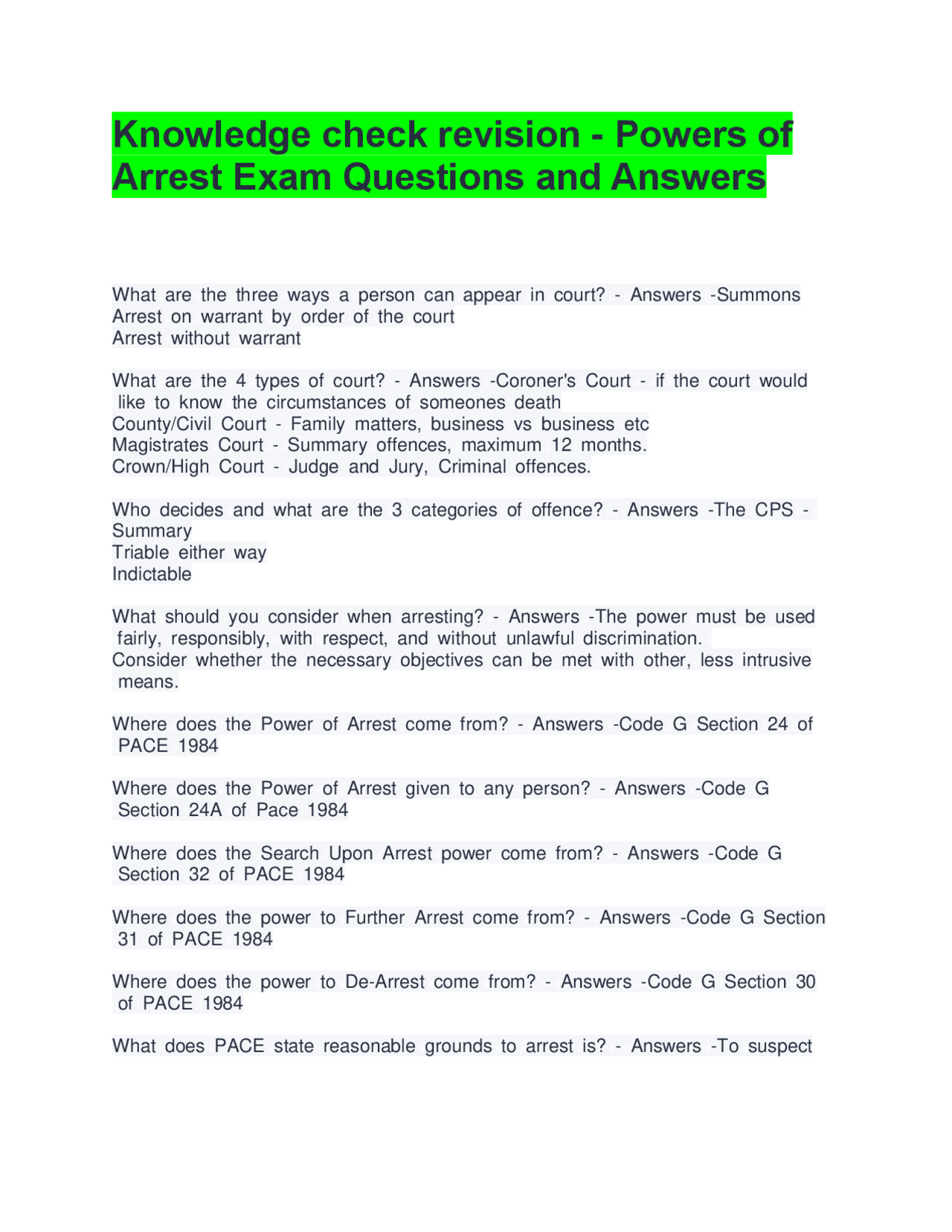 Powers of Arrest: Exam Questions and Answers | Exams Advanced Education | Docsity