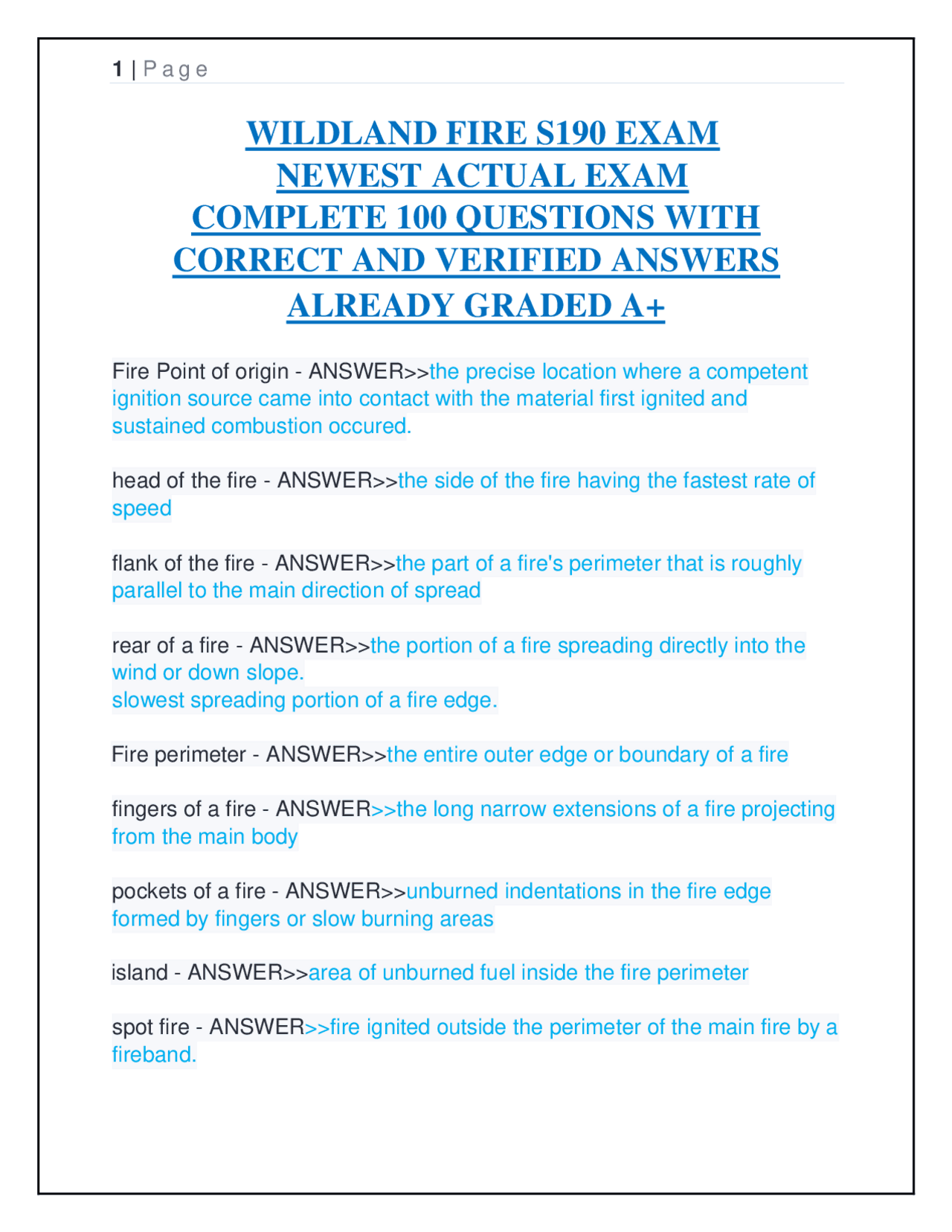 WILDLAND FIRE S190 EXAM NEWEST ACTUAL EXAM COMPLETE 100 QUESTIONS WITH ...
