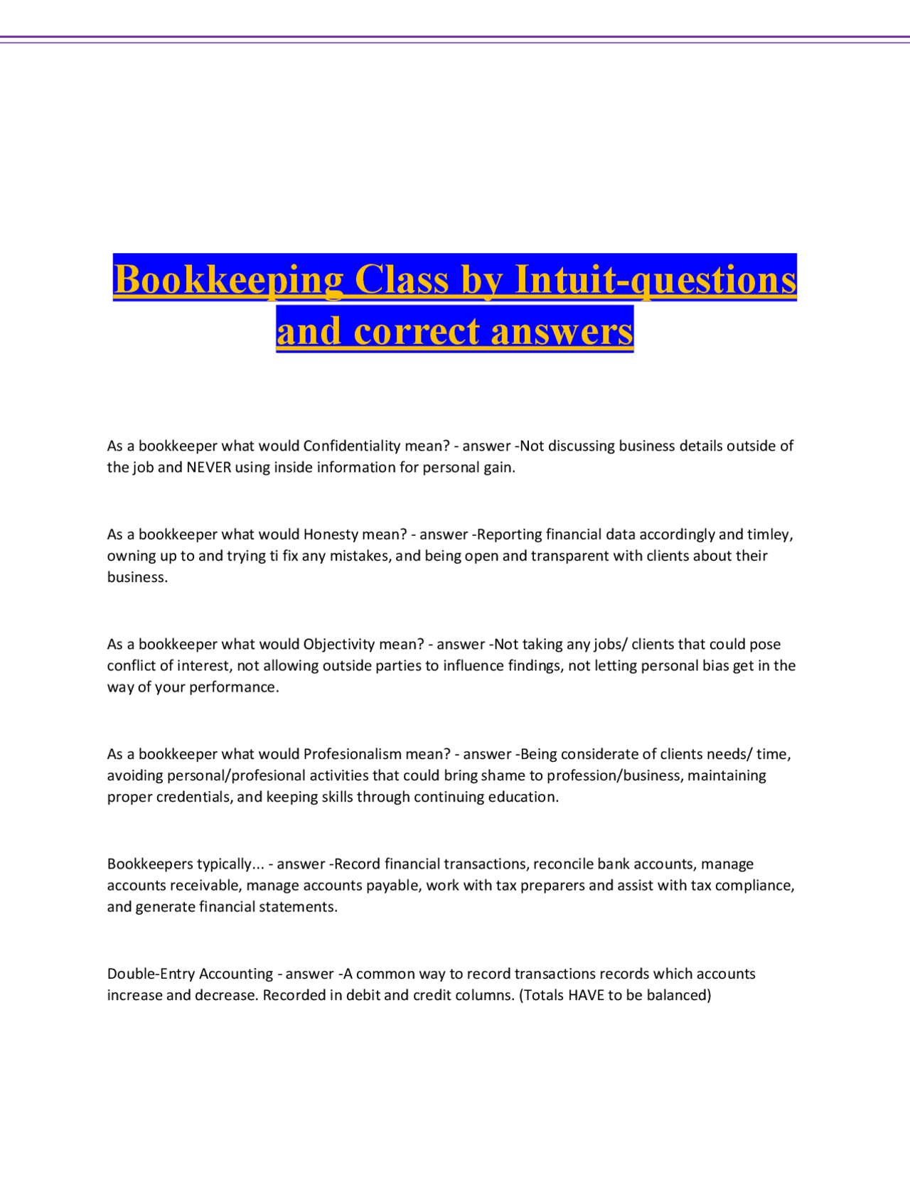 Bookkeeping Class by Intuit-questions and correct answers.pdf | Exams ...