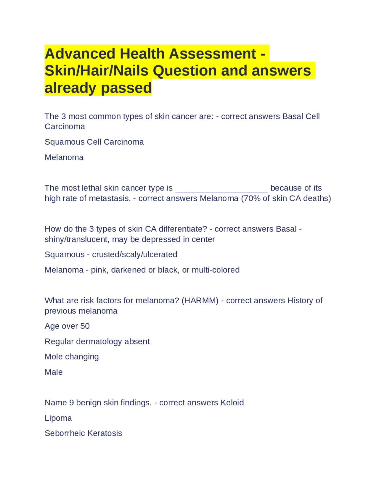 Advanced Health Assessment Question and answers 100% correct | Exams ...