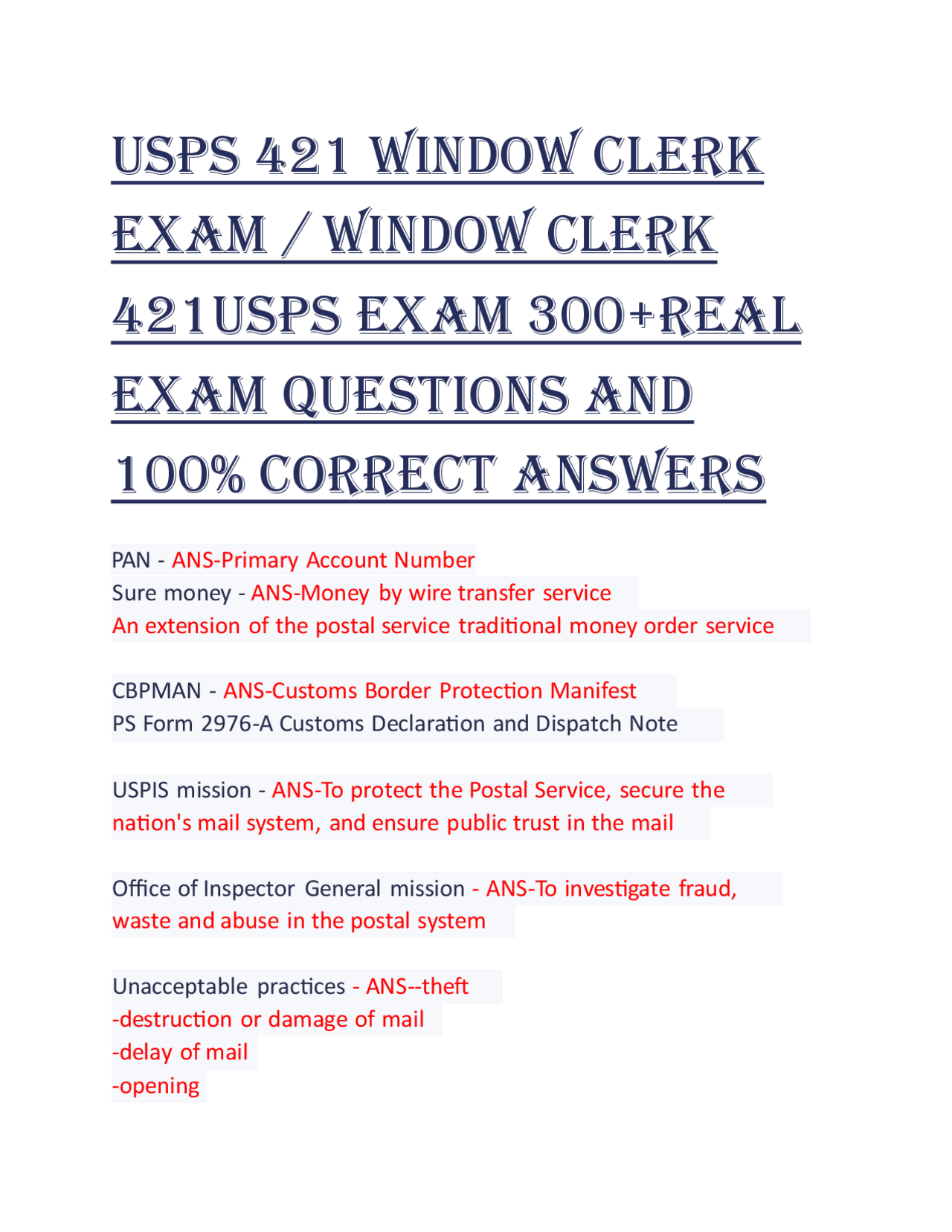 USPS 421 WINDOW CLERK EXAM / WINDOW CLERK 421USPS EXAM LATEST EXAM ...