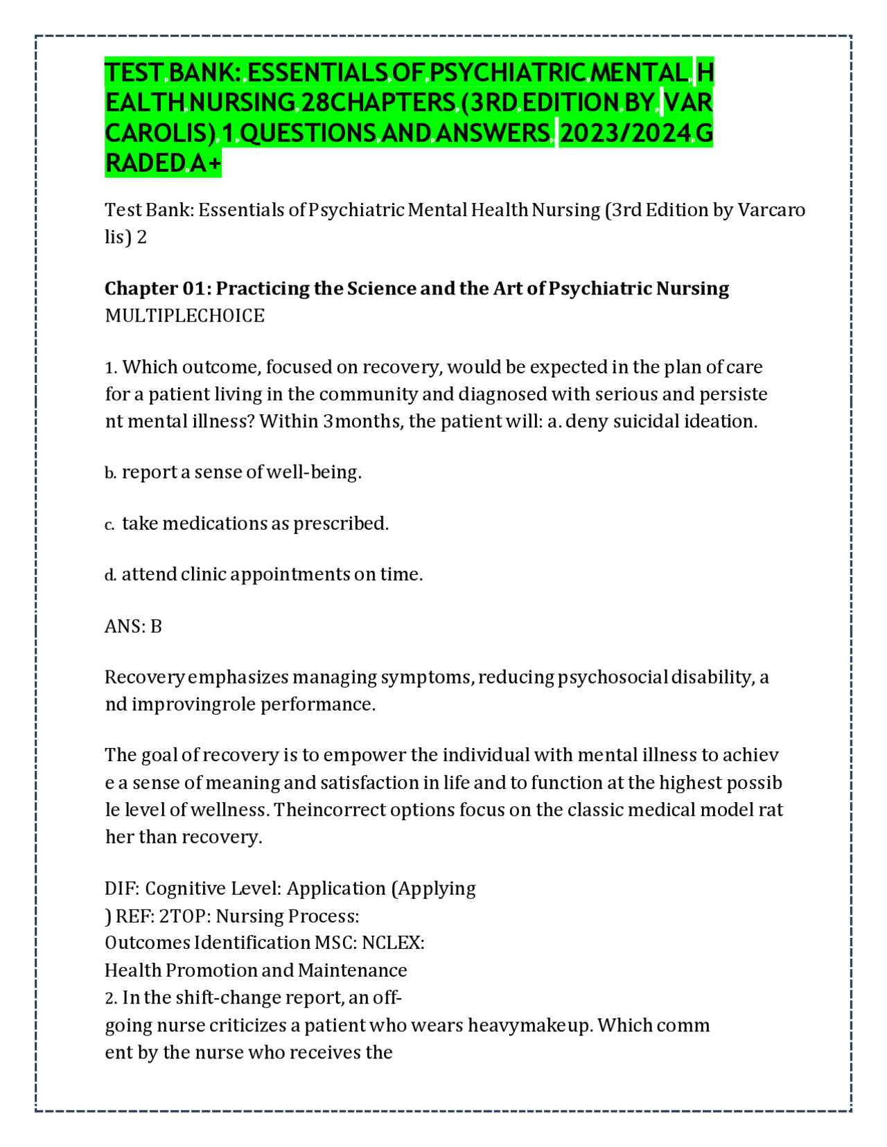 ESSENTIALS OF PSYCHIATRIC MENTAL HEALTH 3RD EDITION VARCAROLIS EXAM 2 ...