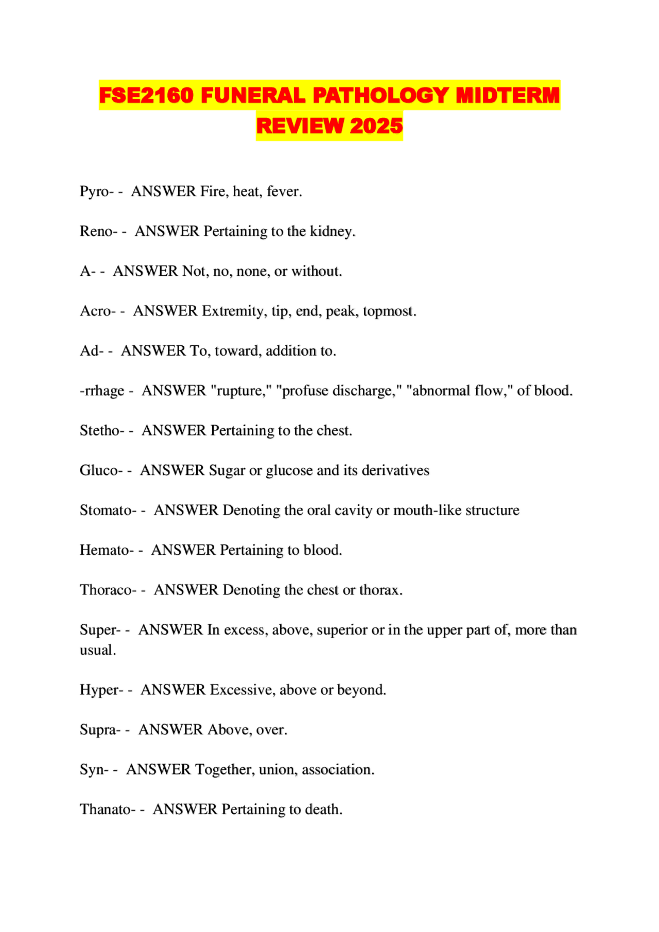 FSE2160 FUNERAL PATHOLOGY MIDTERM REVIEW 2025 | Exams Nursing | Docsity