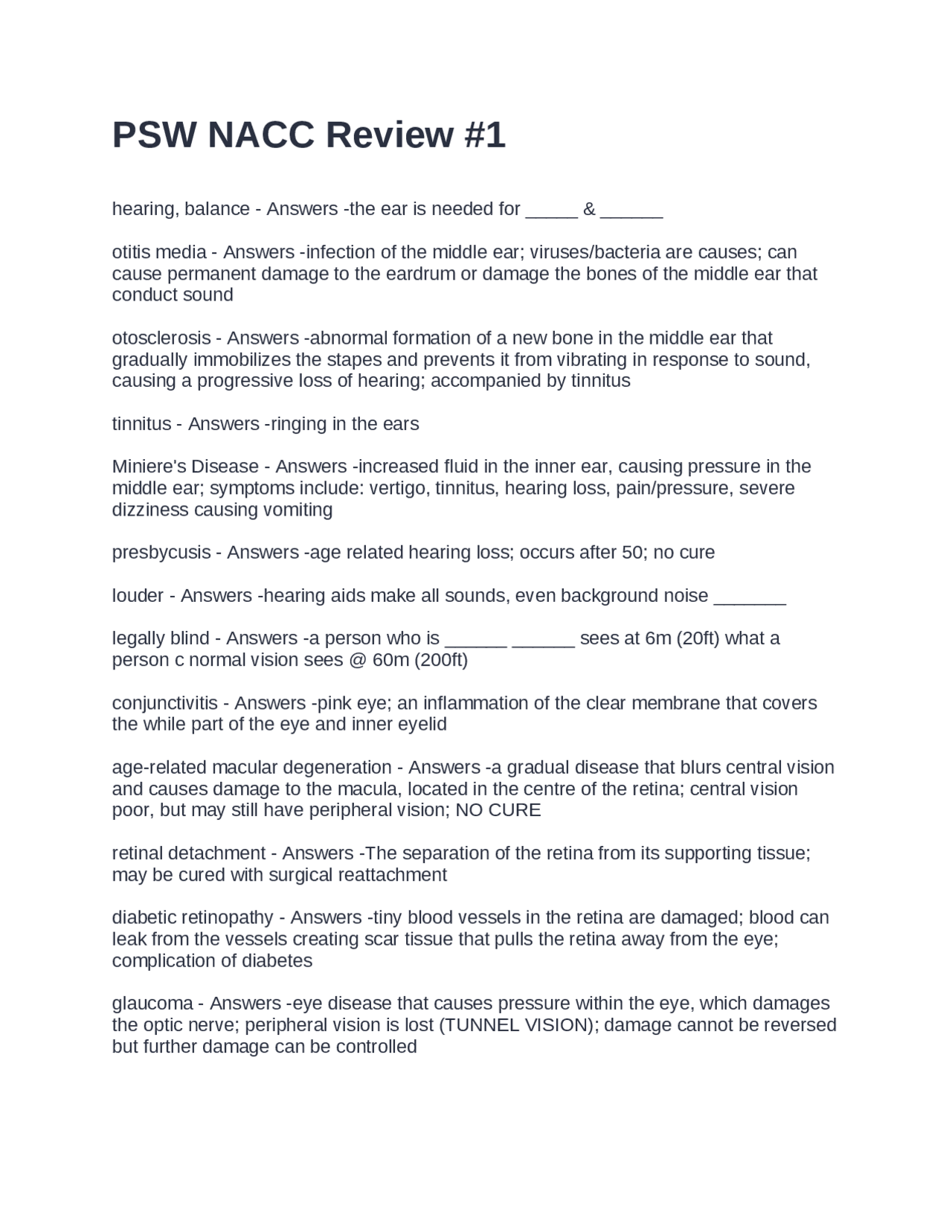 PSW NACC Review Exam Questions and Correct Answers | Exams Nursing ...