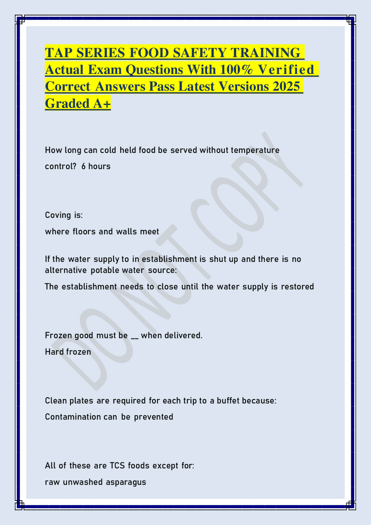 TAP SERIES FOOD SAFETY TRAINING Actual Exam Questions With 100% ...