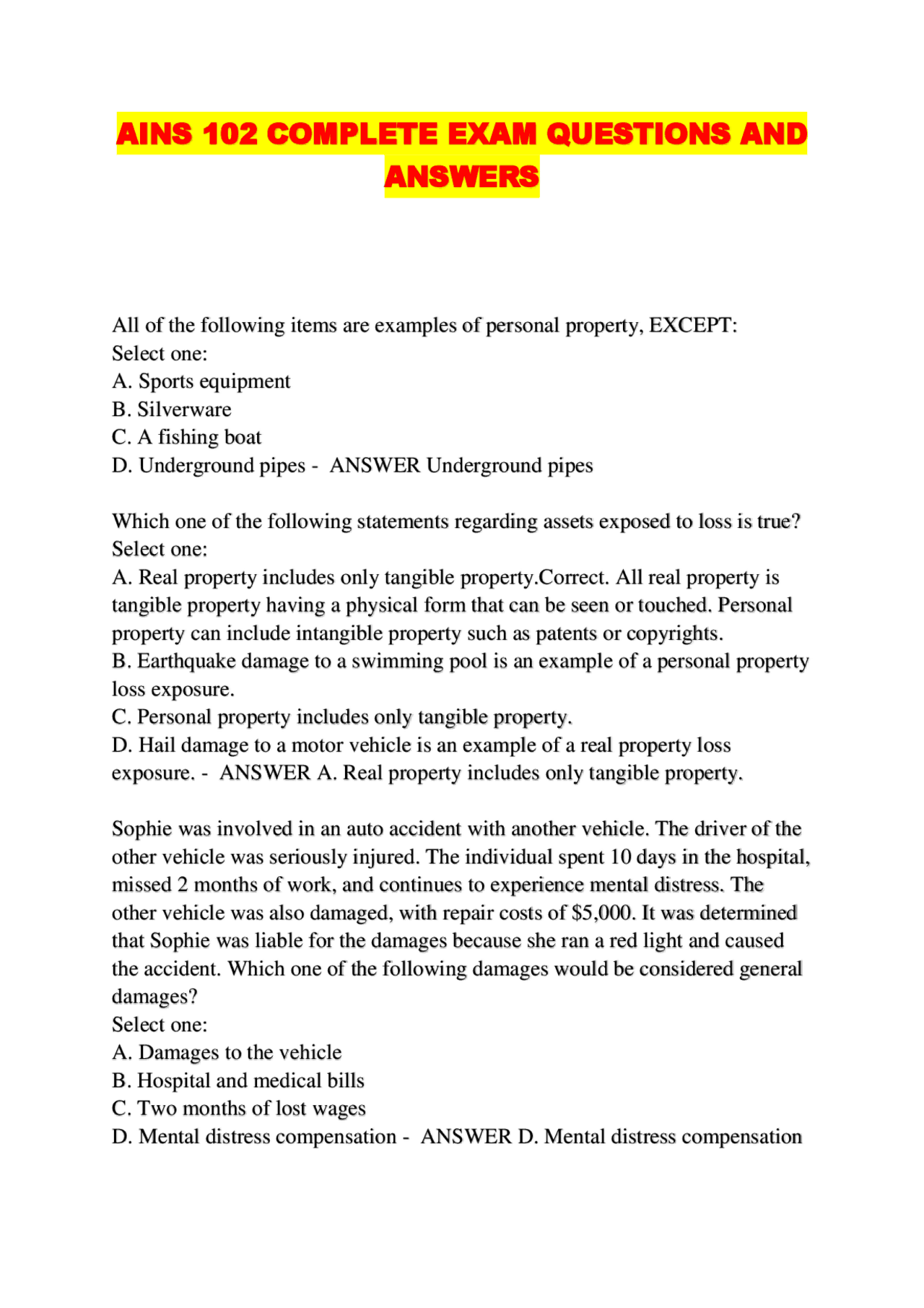 AINS 102 COMPLETE EXAM QUESTIONS AND ANSWERS | Exams Advanced Education ...