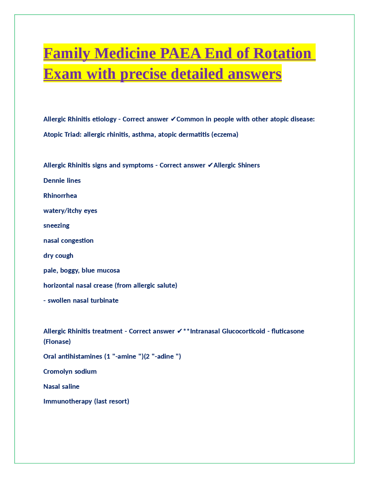 Family Medicine PAEA End of Rotation Exam with precise detailed answers ...