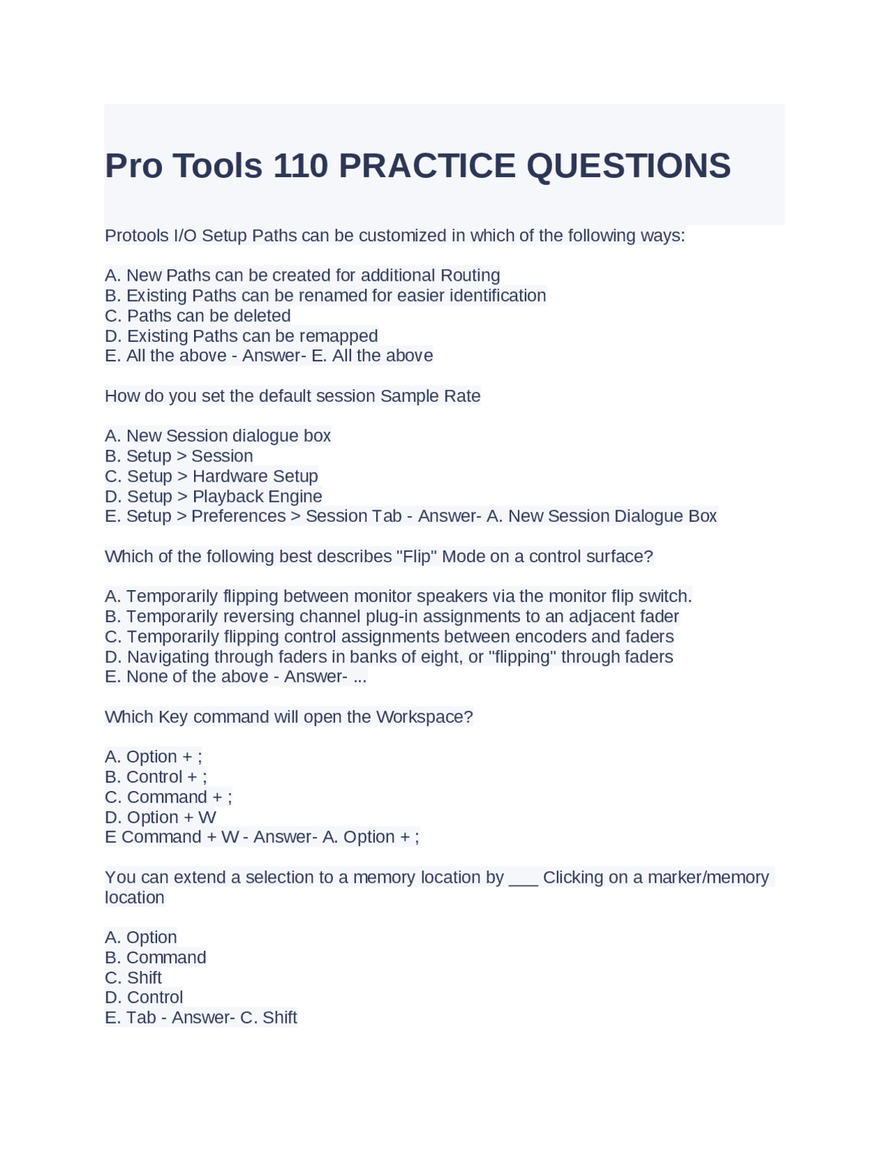 Pro Tools 110 Certification Practice Questions | Exams Advanced Education | Docsity