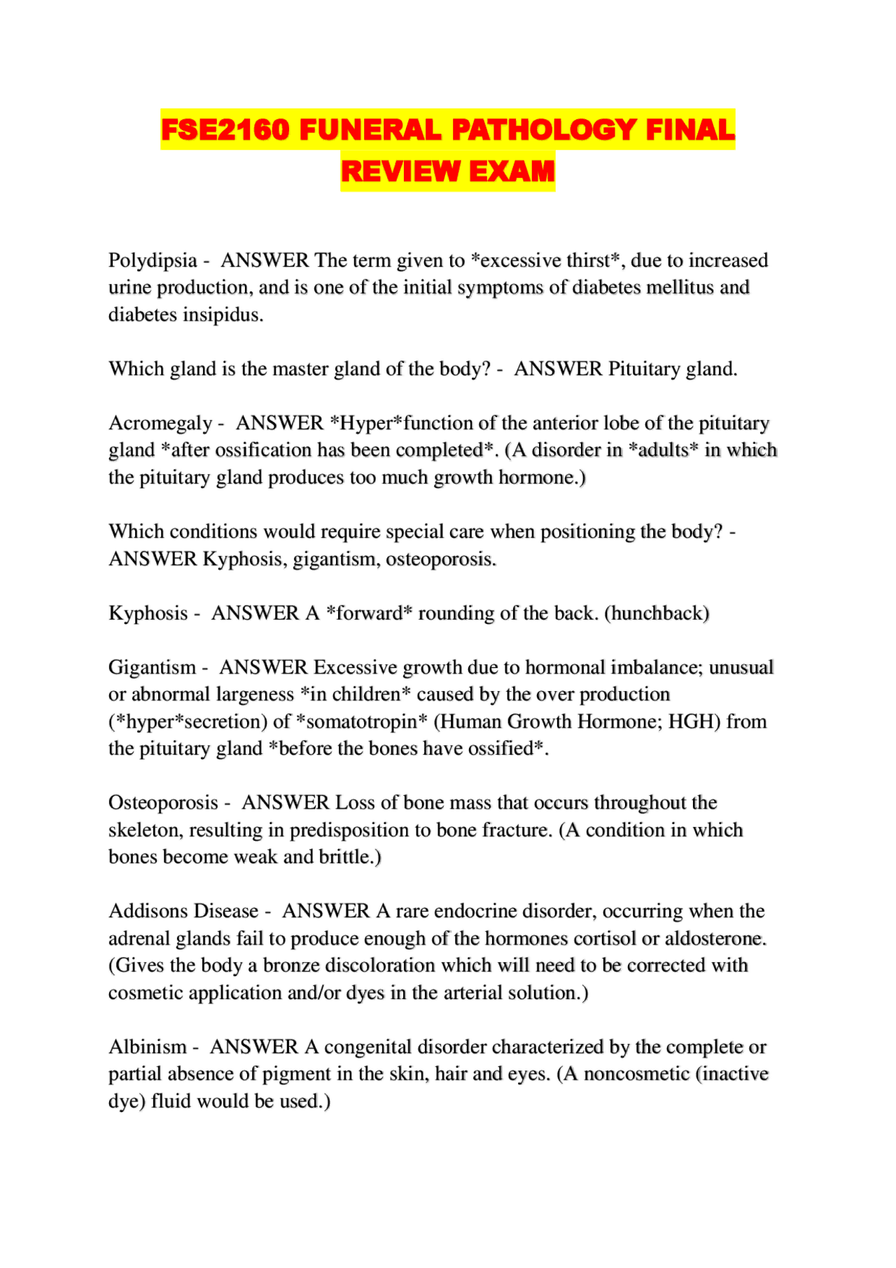 FSE2160 FUNERAL PATHOLOGY FINAL REVIEW EXAM | Exams Nursing | Docsity