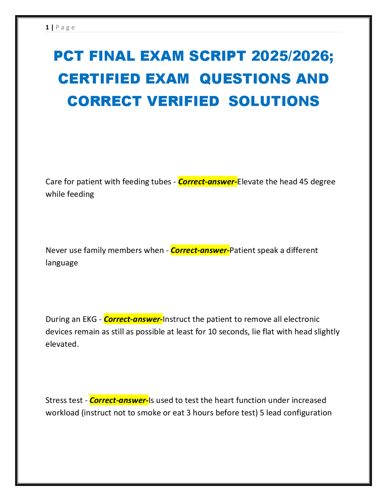 PCT FINAL EXAM SCRIPT 2025/2026; CERTIFIED EXAM QUESTIONS AND CORRECT ...