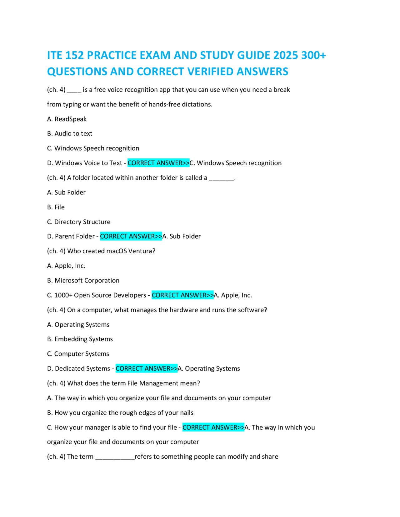ITE 152 PRACTICE EXAM AND STUDY GUIDE 2025 300+ QUESTIONS AND CORRECT ...