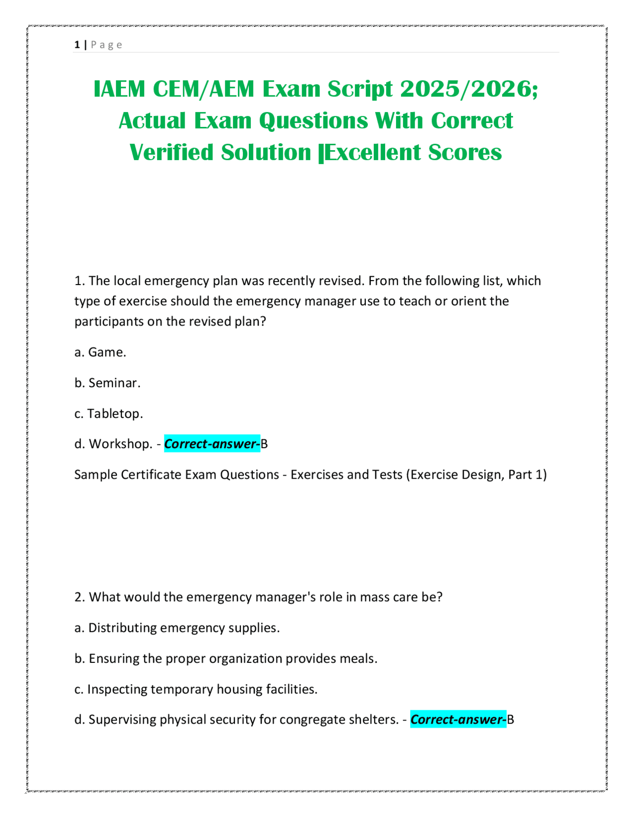 IAEM CEM/AEM Exam Script 2025/2026; Actual Exam Questions With Correct ...