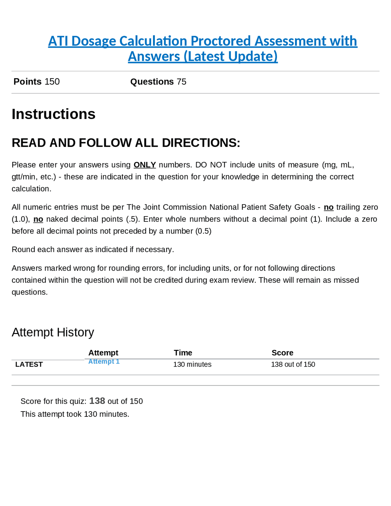 ATI Dosage Calculation Proctored Assessment with Answers (Latest Update ...