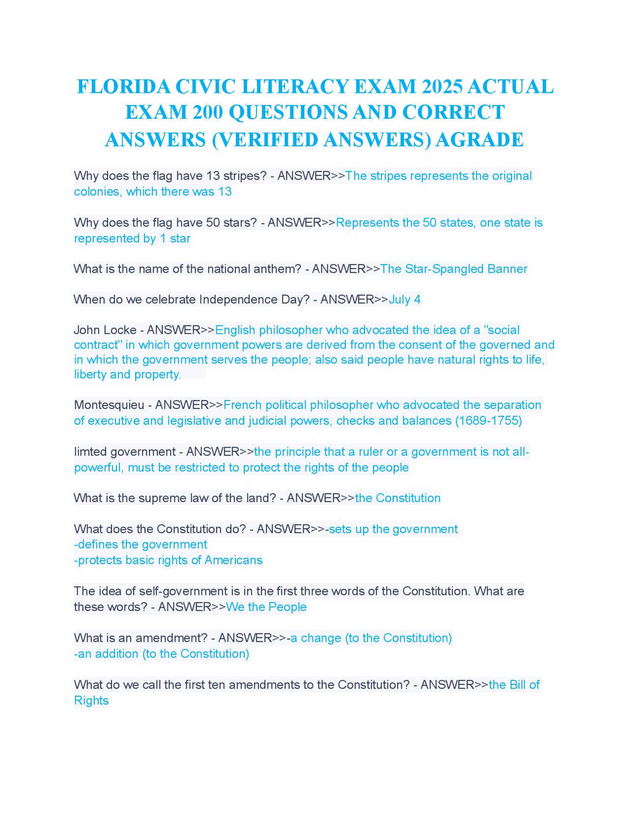 Florida Civic Literacy Exam 2025: Q&A Study Guide | Exams Nursing | Docsity