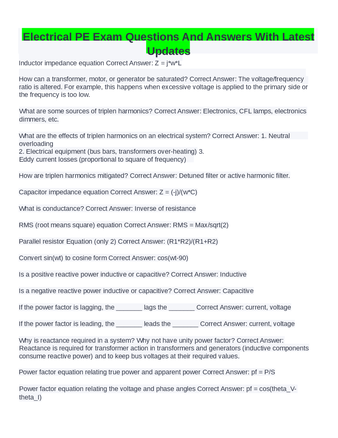 Electrical PE Exam Questions And Answers With Latest Updates | Exams ...