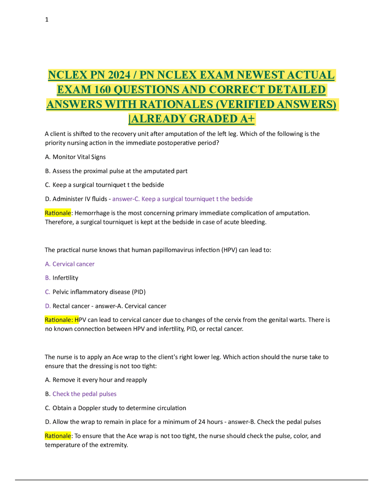 NCLEX PN 2024 / PN NCLEX EXAM NEWEST ACTUAL EXAM 160 QUESTIONS AND ...