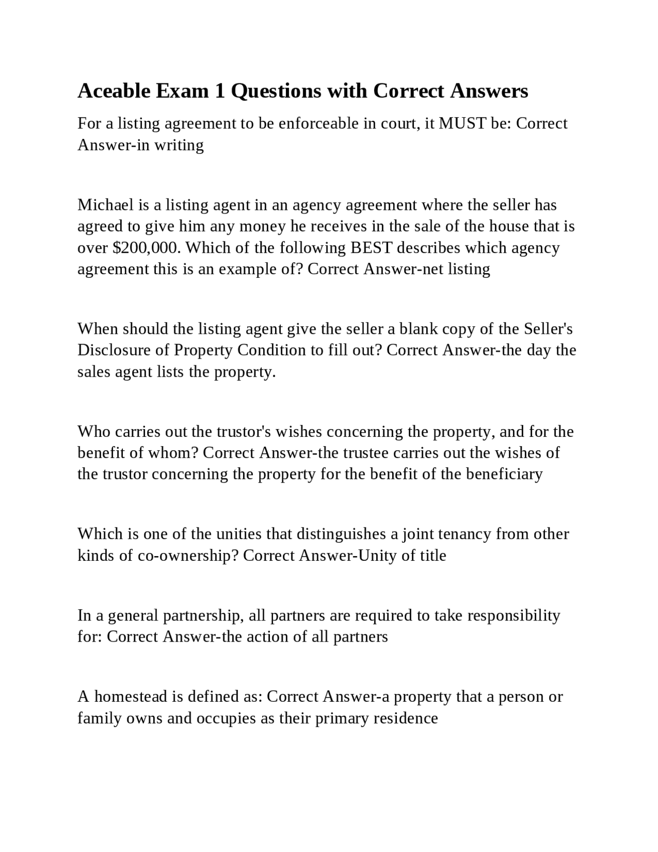 Aceable Exam 1 Questions with Correct Answers | Exams Law | Docsity