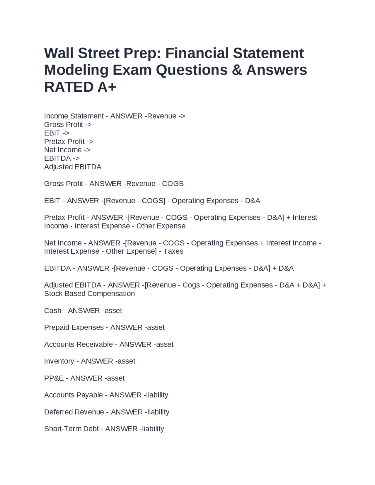 Wall Street Prep: Financial Statement Modeling Exam Questions & Answers RATED A+ | Exams Nursing ...