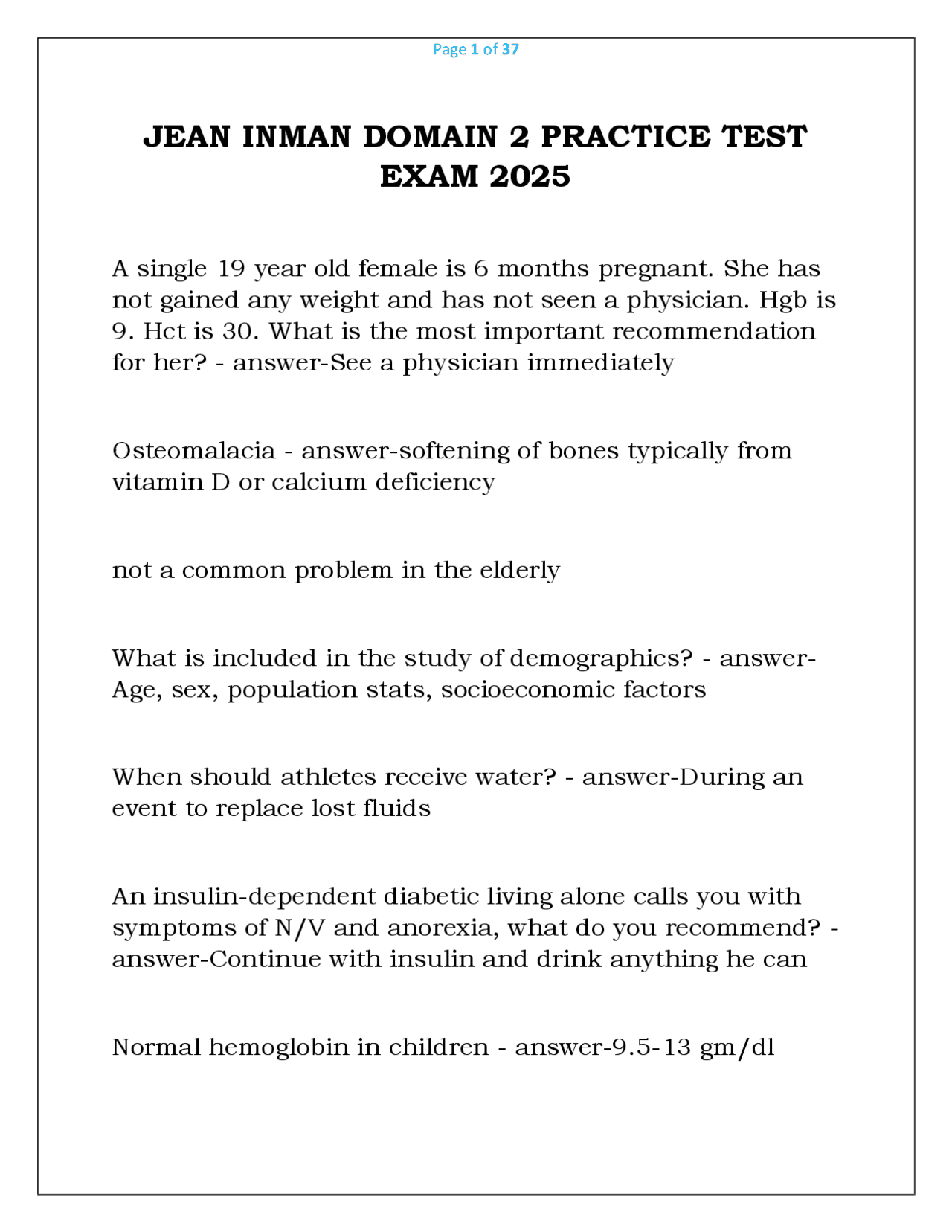 JEAN INMAN DOMAIN 2 PRACTICE TEST EXAM 2025 | Exams Nursing | Docsity