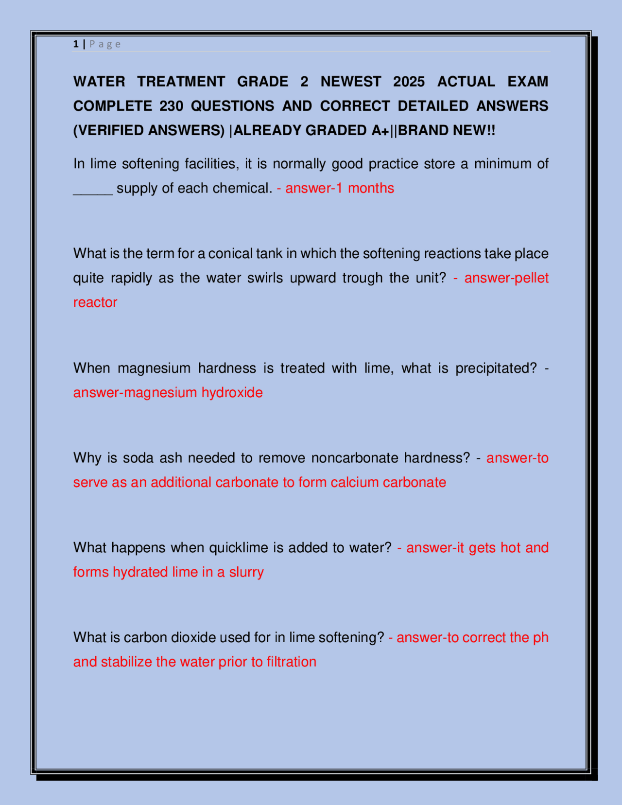WATER TREATMENT GRADE 2 NEWEST 2025 ACTUAL EXAM COMPLETE 230 QUESTIONS AND CORRECT DETAILS ...