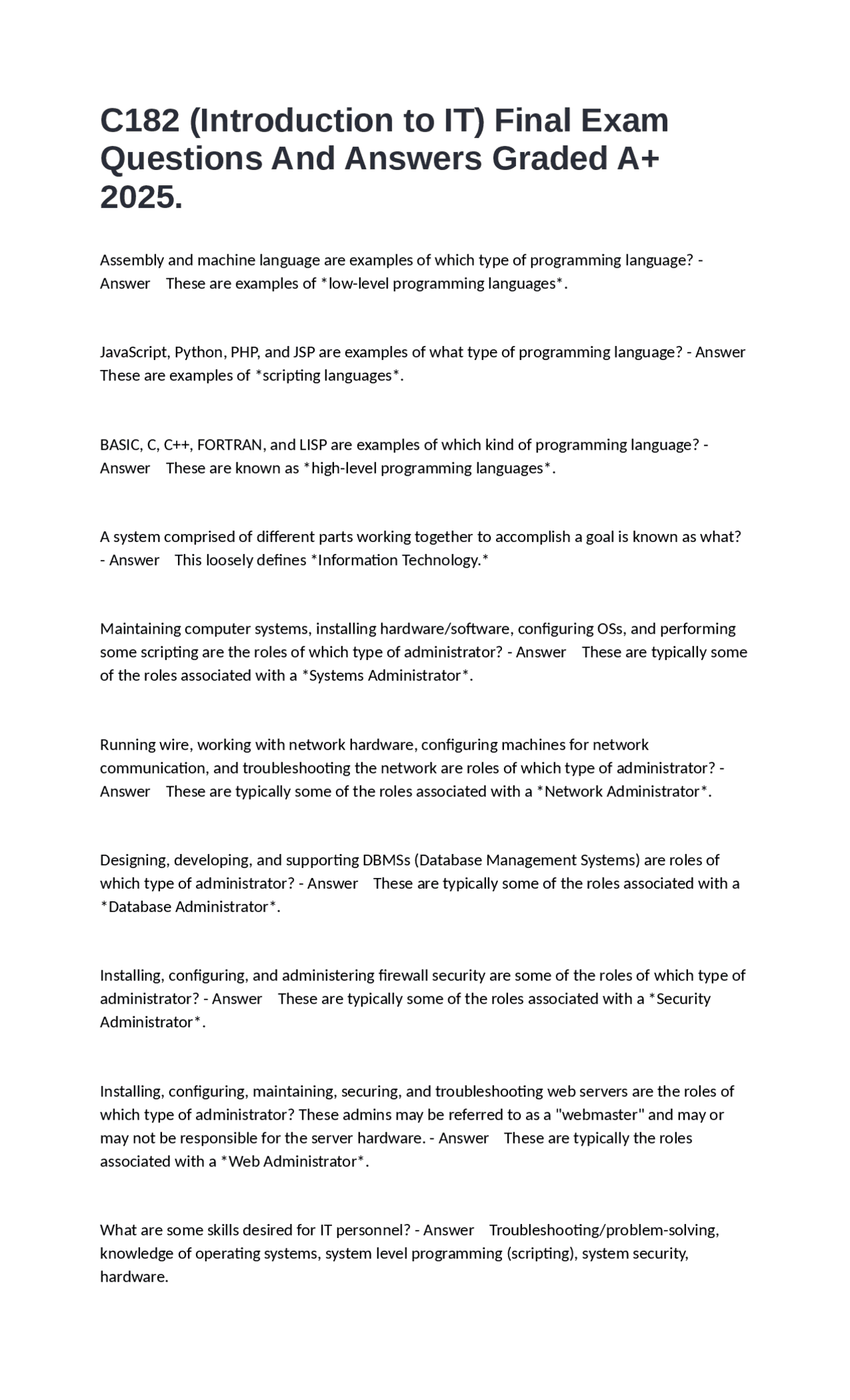 C182 (Introduction to IT) Final Exam Questions And Answers Graded A+ ...