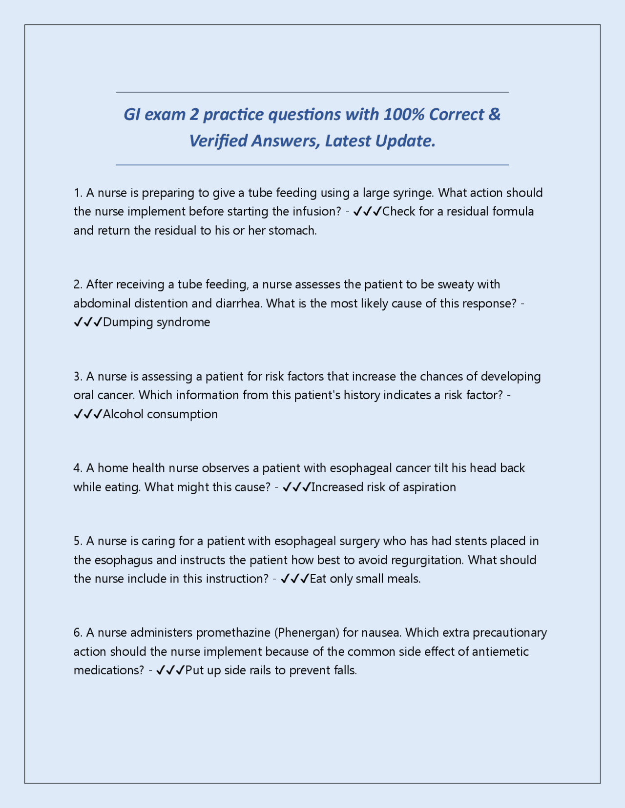 GI exam 2 practice questions with 100% Correct & Verified Answers ...