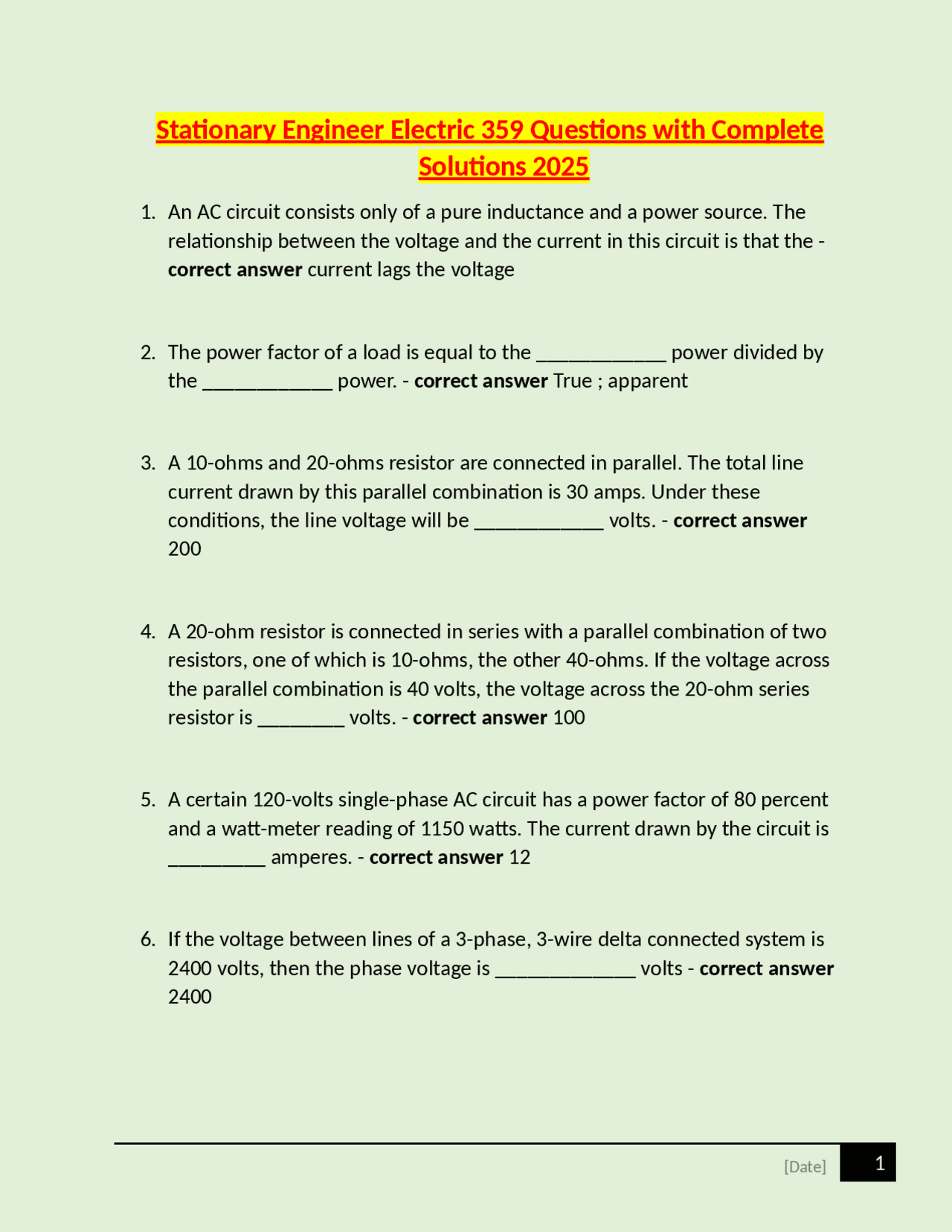 Stationary Engineer Electric 359 Questions with Complete Solutions 2025 | Exams Nursing | Docsity