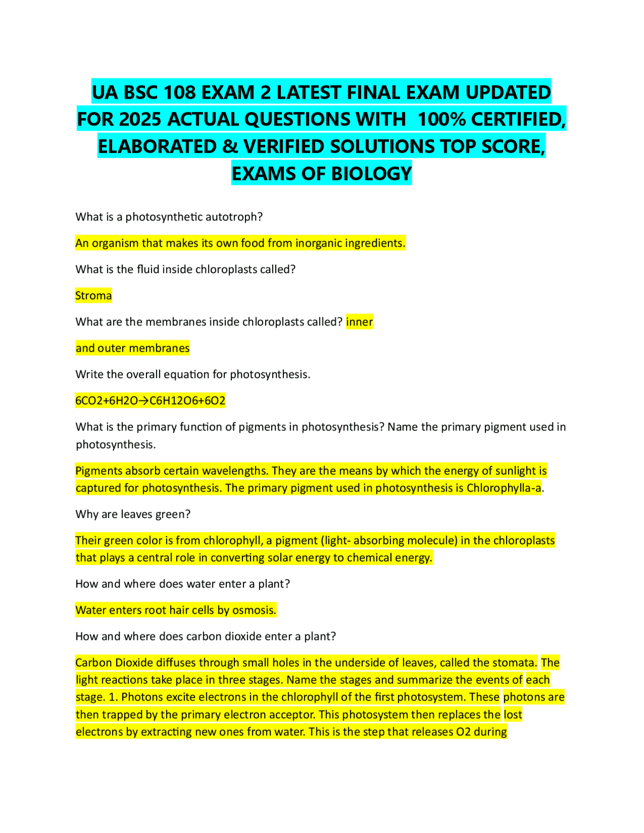 UA BSC 108 EXAM 2 LATEST FINAL EXAM UPDATED FOR 2025 ACTUAL QUESTIONS ...