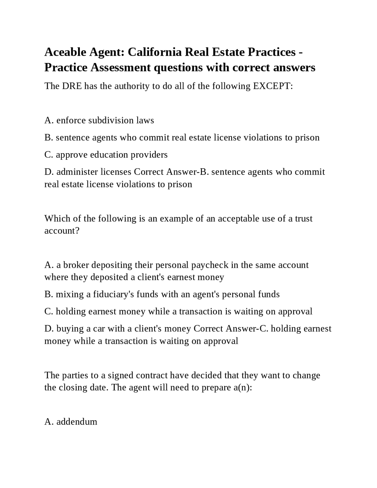 Aceable Agent: California Real Estate Practices - Practice Assessment ...