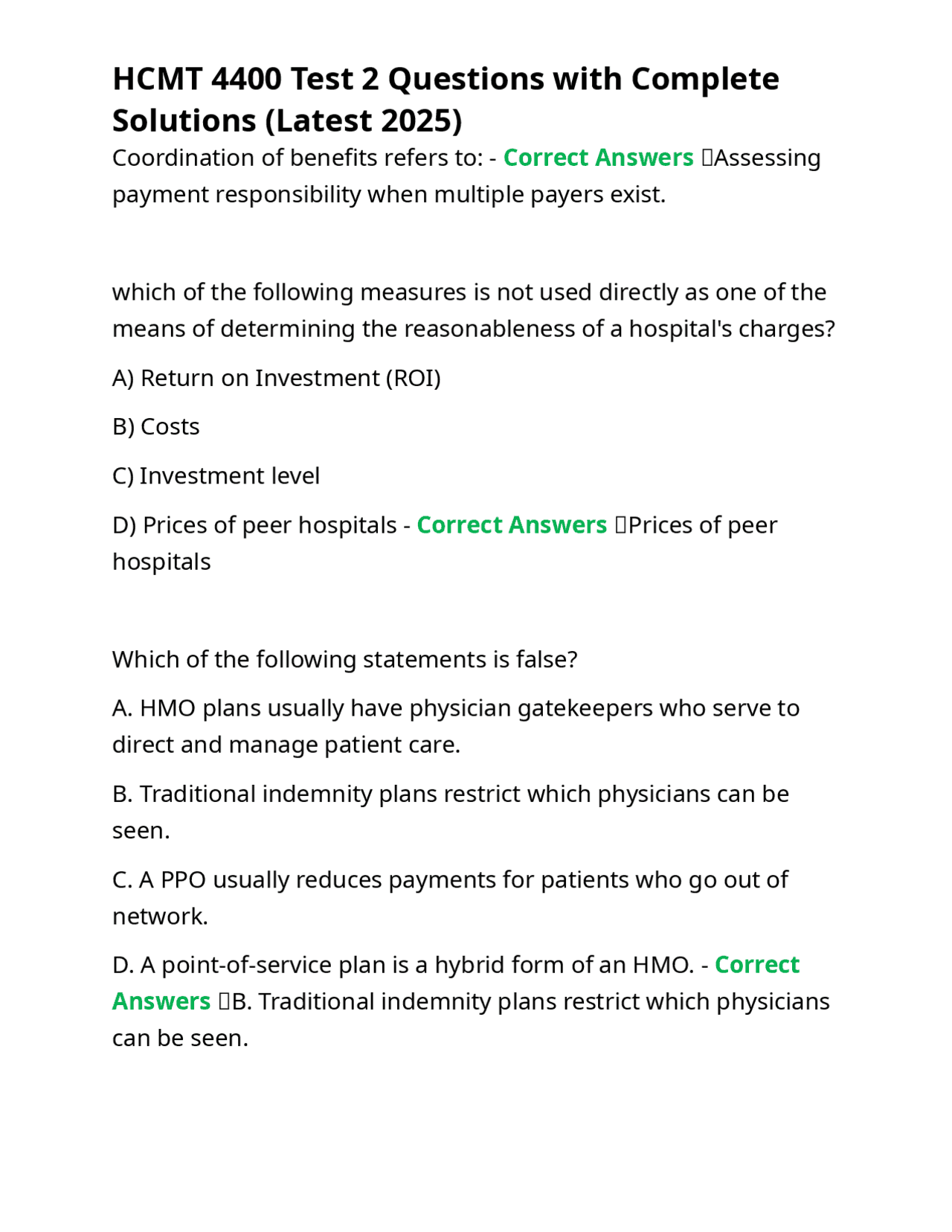 HCMT 4400 Test 2 Questions with Complete Solutions (Latest 2025 ...