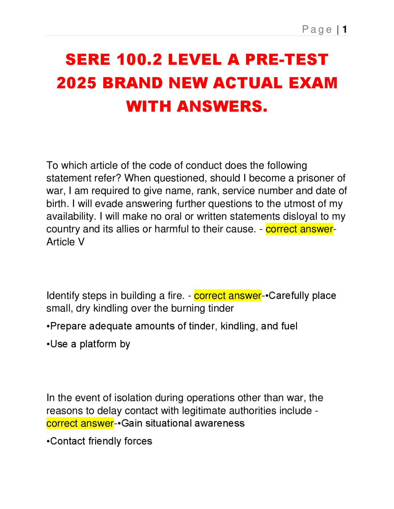 SERE 100.2 LEVEL A PRE-TEST 2025 BRAND NEW ACTUAL EXAM WITH ANSWERS ...