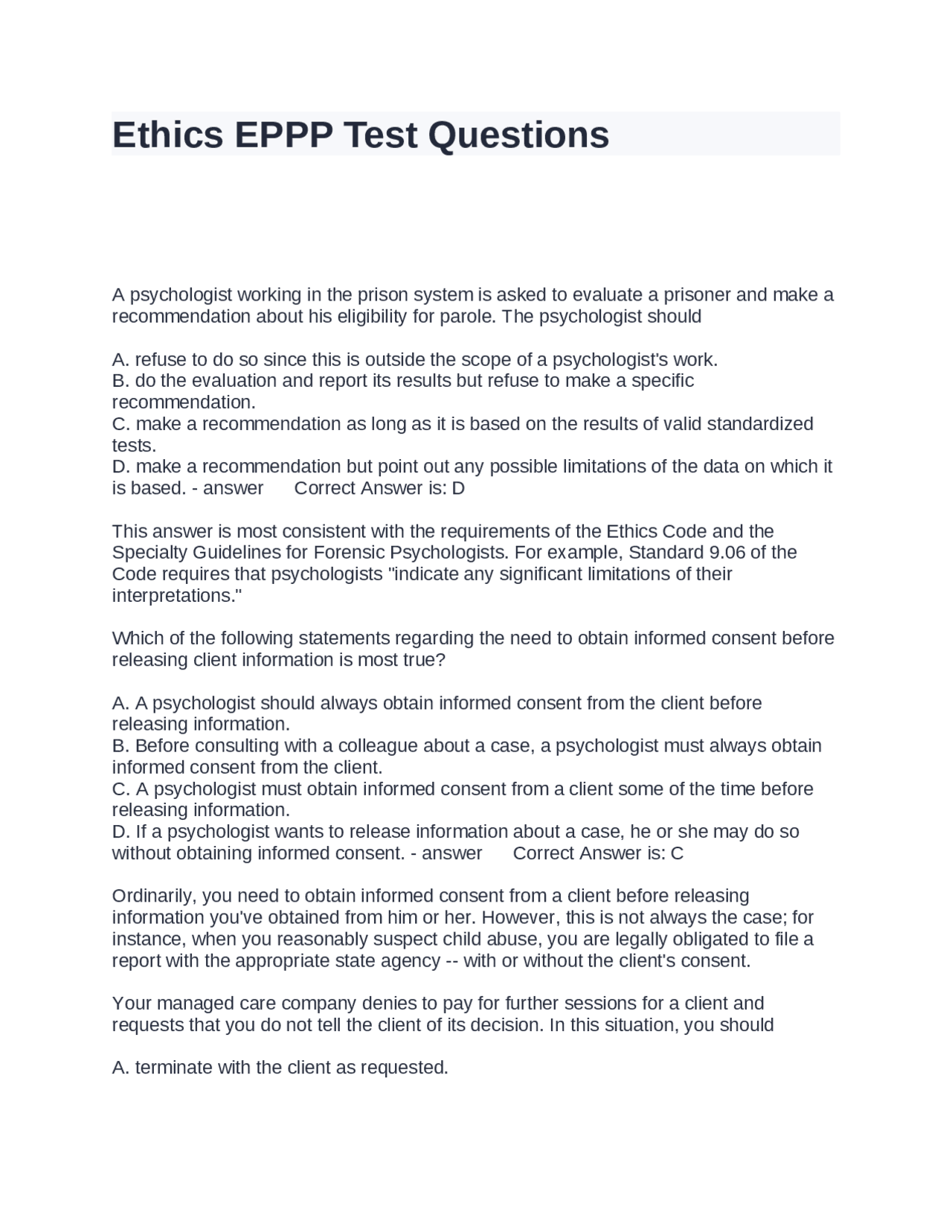 Ethics EPPP Test Questions with Accurate Answers | Exams Advanced ...