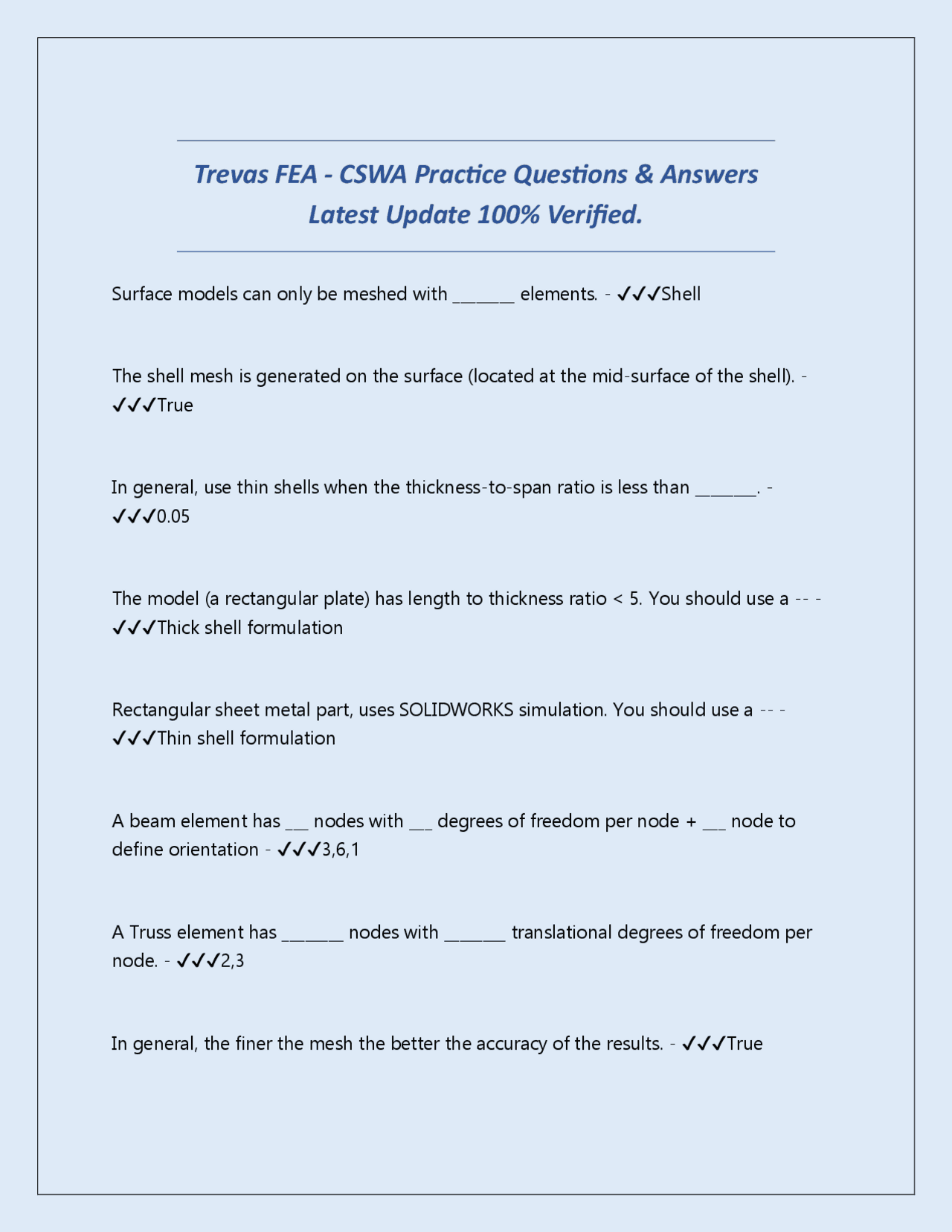 Trevas FEA - CSWA Practice Questions & Answers Latest Update 100% ...