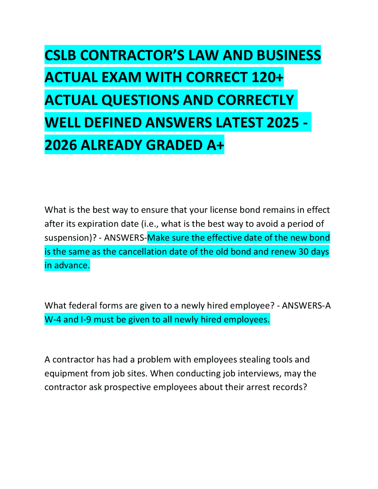 CSLB CONTRACTOR’S LAW AND BUSINESS ACTUAL EXAM WITH CORRECT 120+ ACTUAL ...