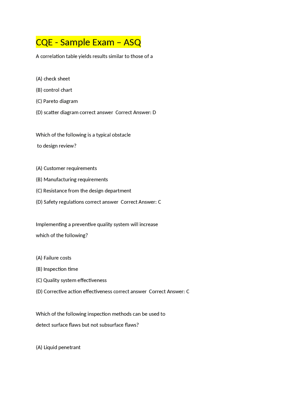 CQE - Sample Exam – ASQ Examination | Exams Business Administration ...