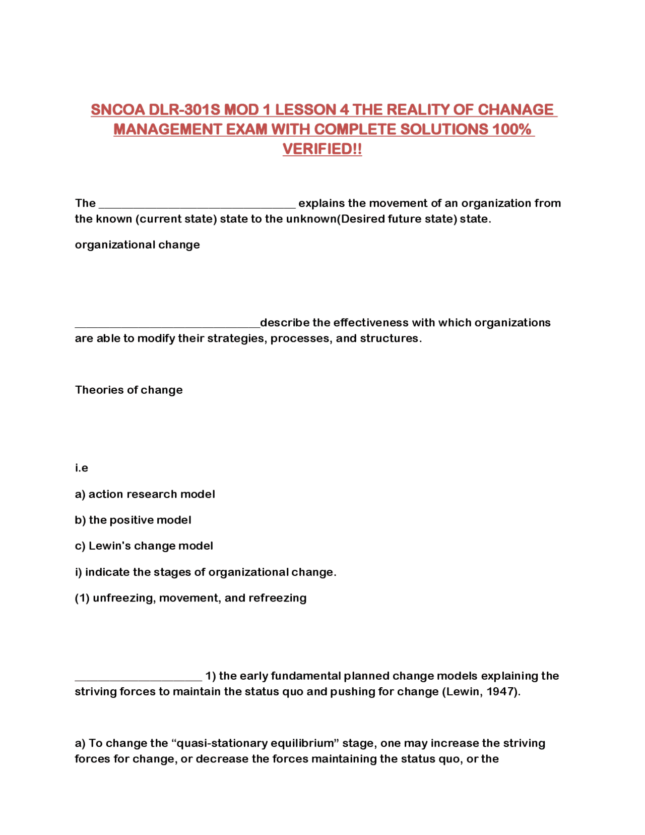 SNCOA DLR-301S MOD 1 LESSON 4 THE REALITY OF CHANAGE MANAGEMENT EXAM ...